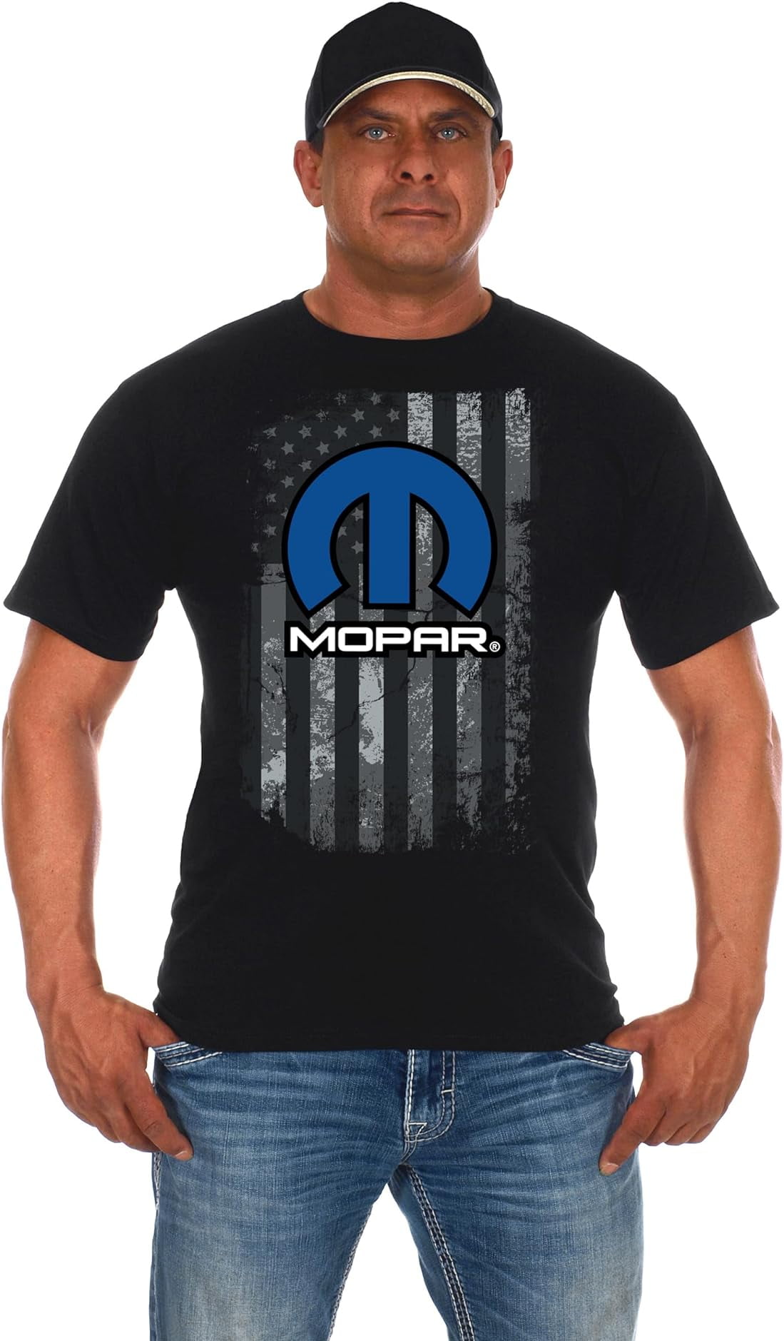 JH Design Men's Mopar Black T-Shirt Distressed American Flag Crew Neck ...
