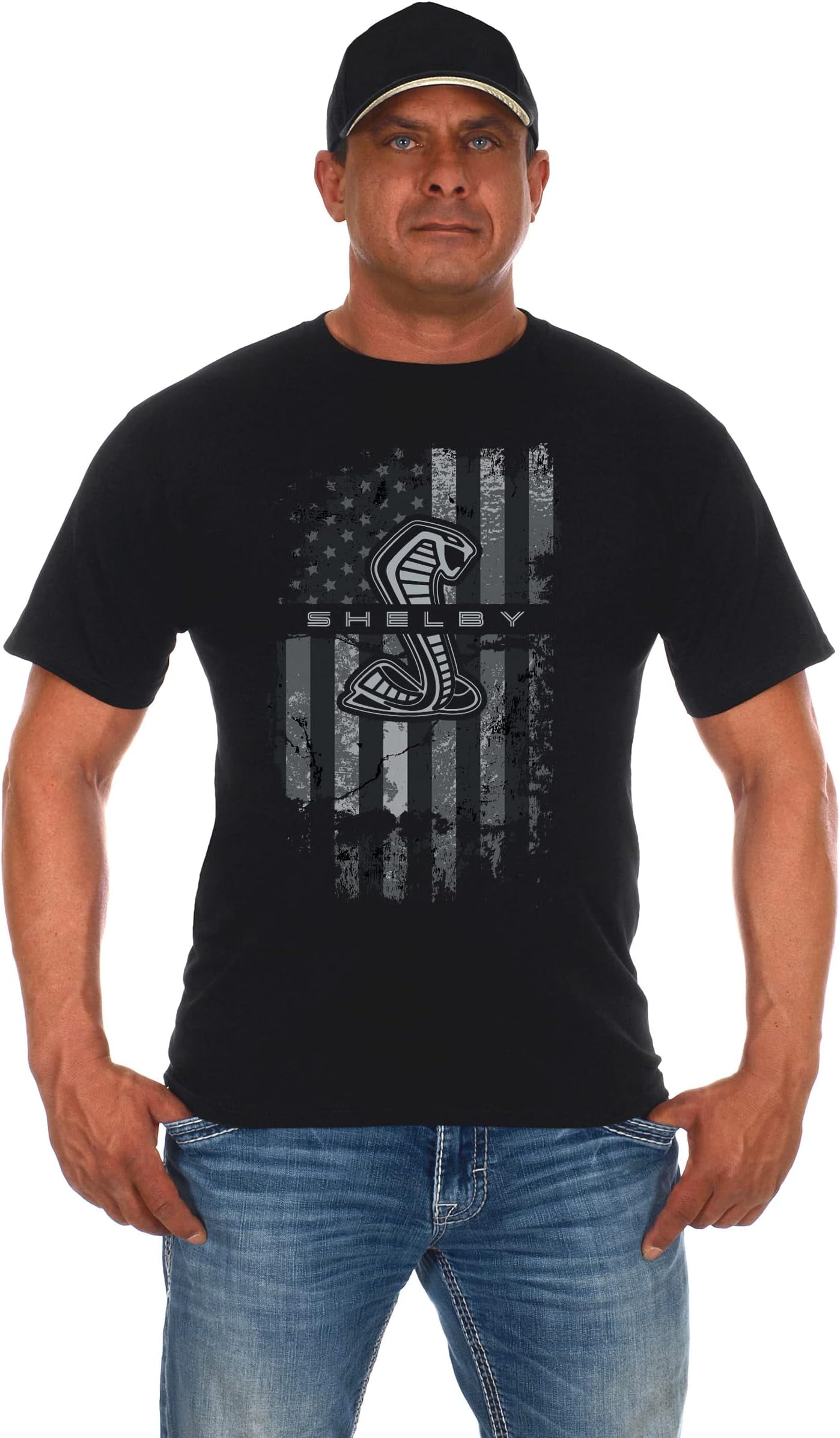JH Design Men's Shelby Cobra American Flag Black Crew Neck Shirt - Walmart.com