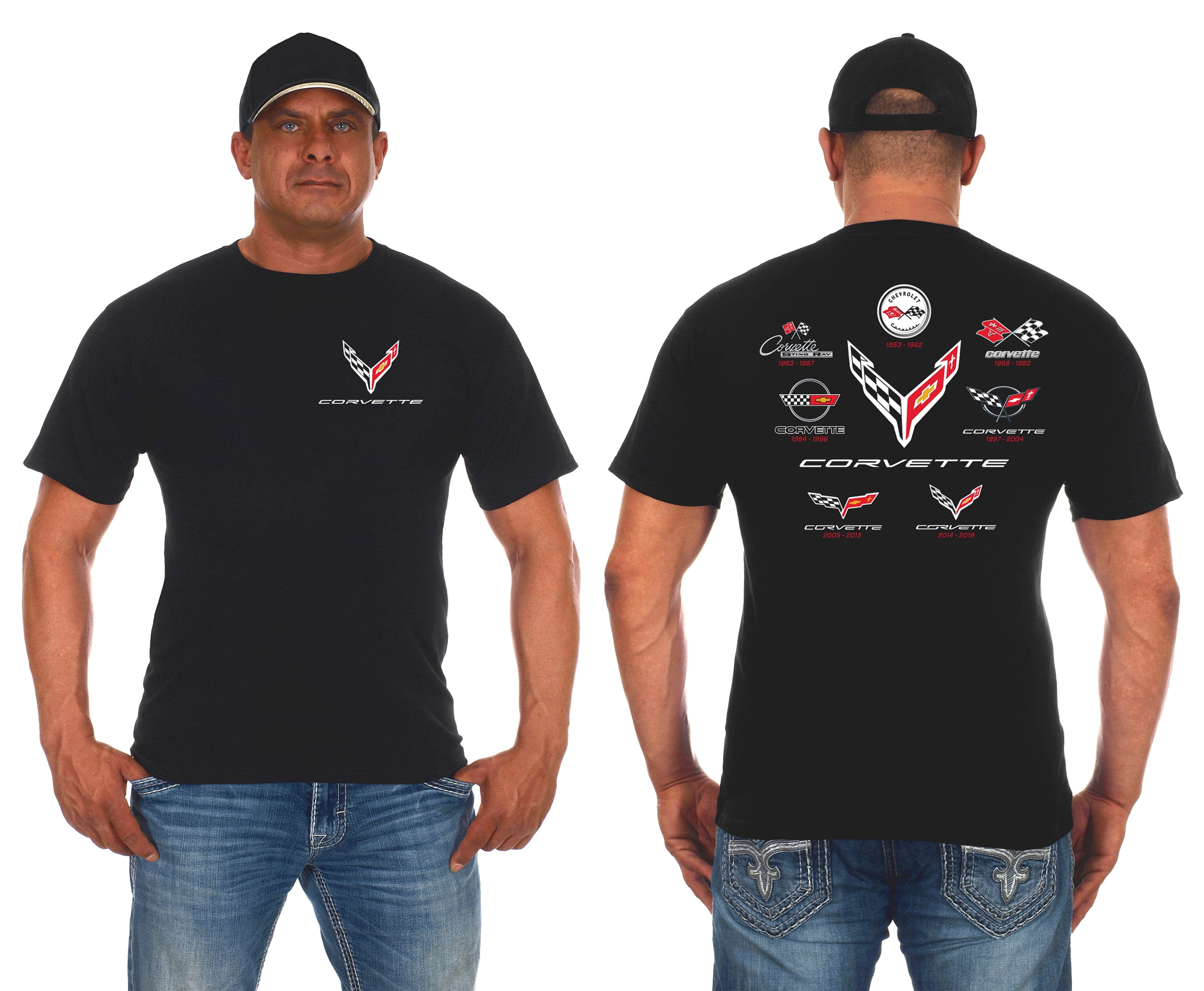 JH Design Mens Chevy Corvette T-Shirt C1 Thru C8 Flag Emblems Collage ...