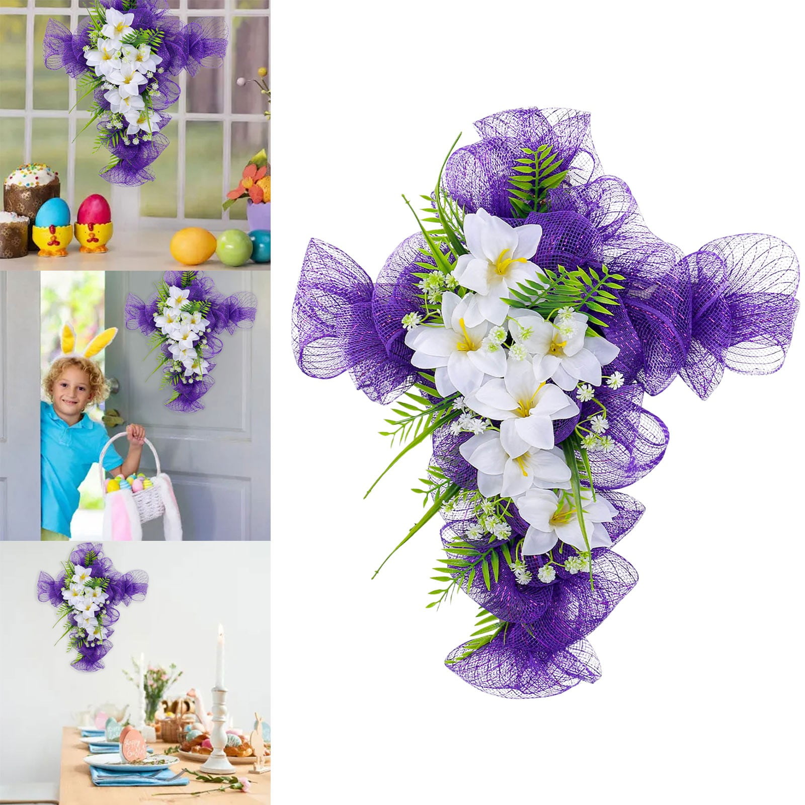 JHEHF 19inch Easter Mesh Wreath Holiday Ribbon Ornaments Spring Hanging ...