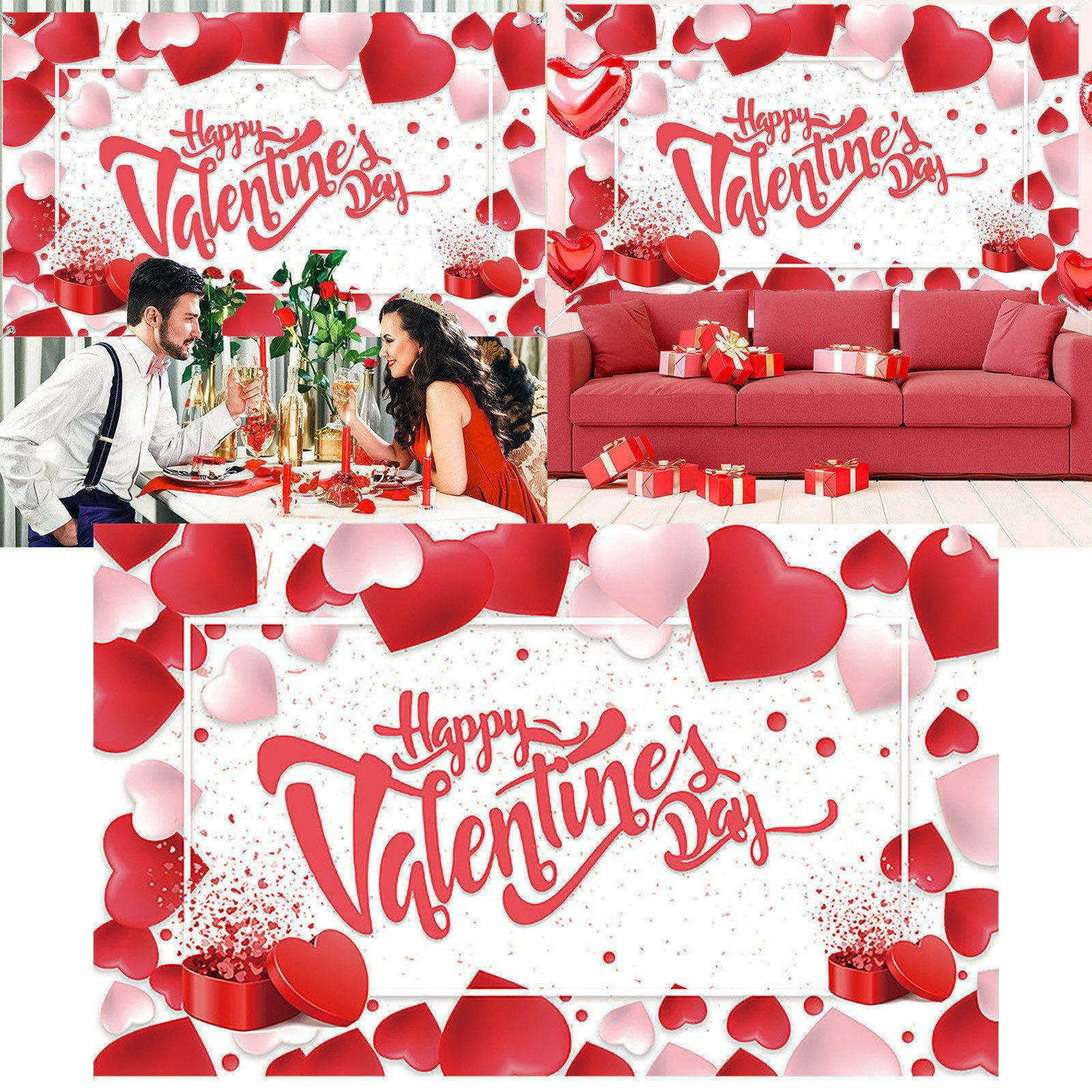 JHGoosa Happy Valentine's Day Backdrops Banner Large Size Red Heart ...