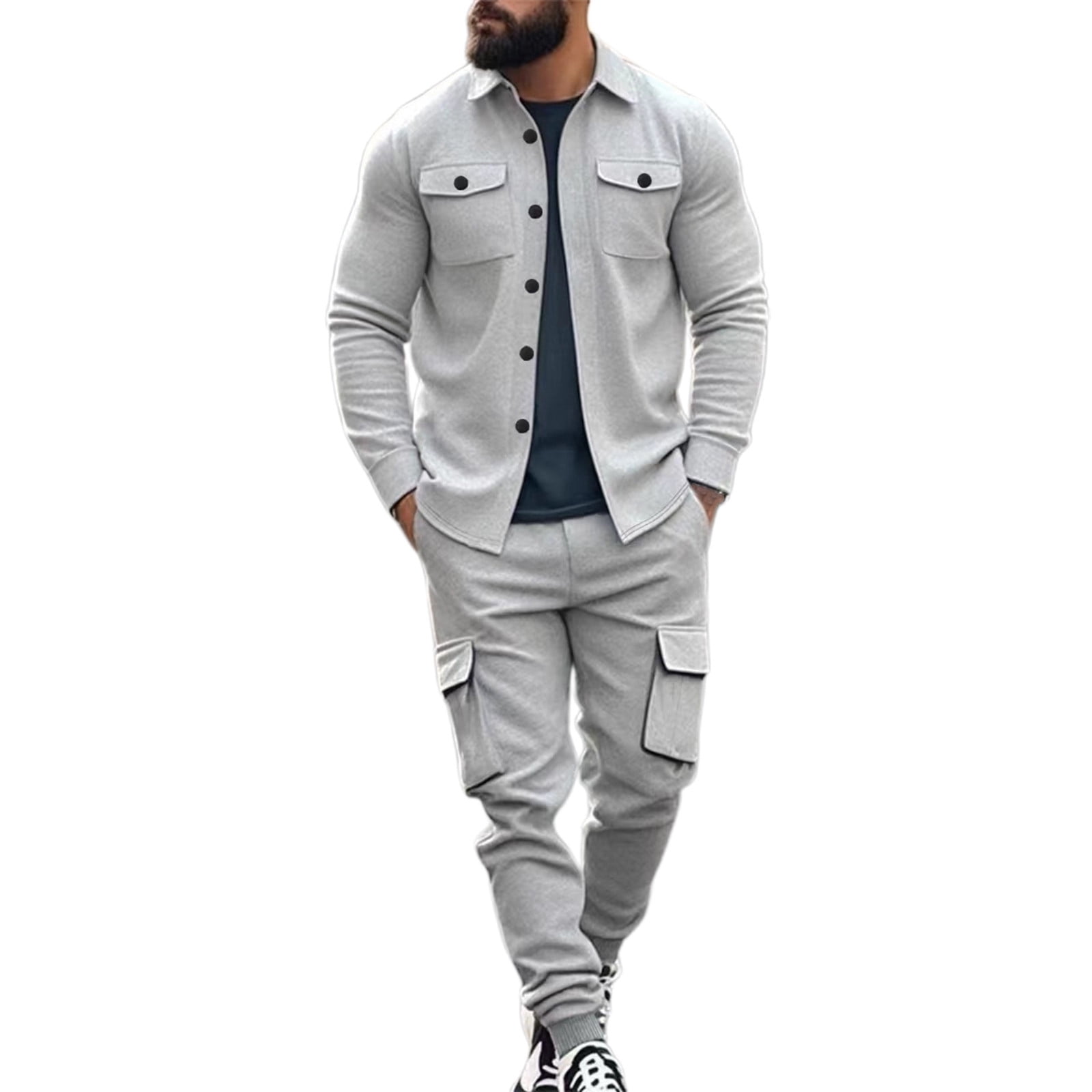 JHHLSF Men's Tracksuit 2 Piece Outfit Sets Solid Color Multi-pockets ...