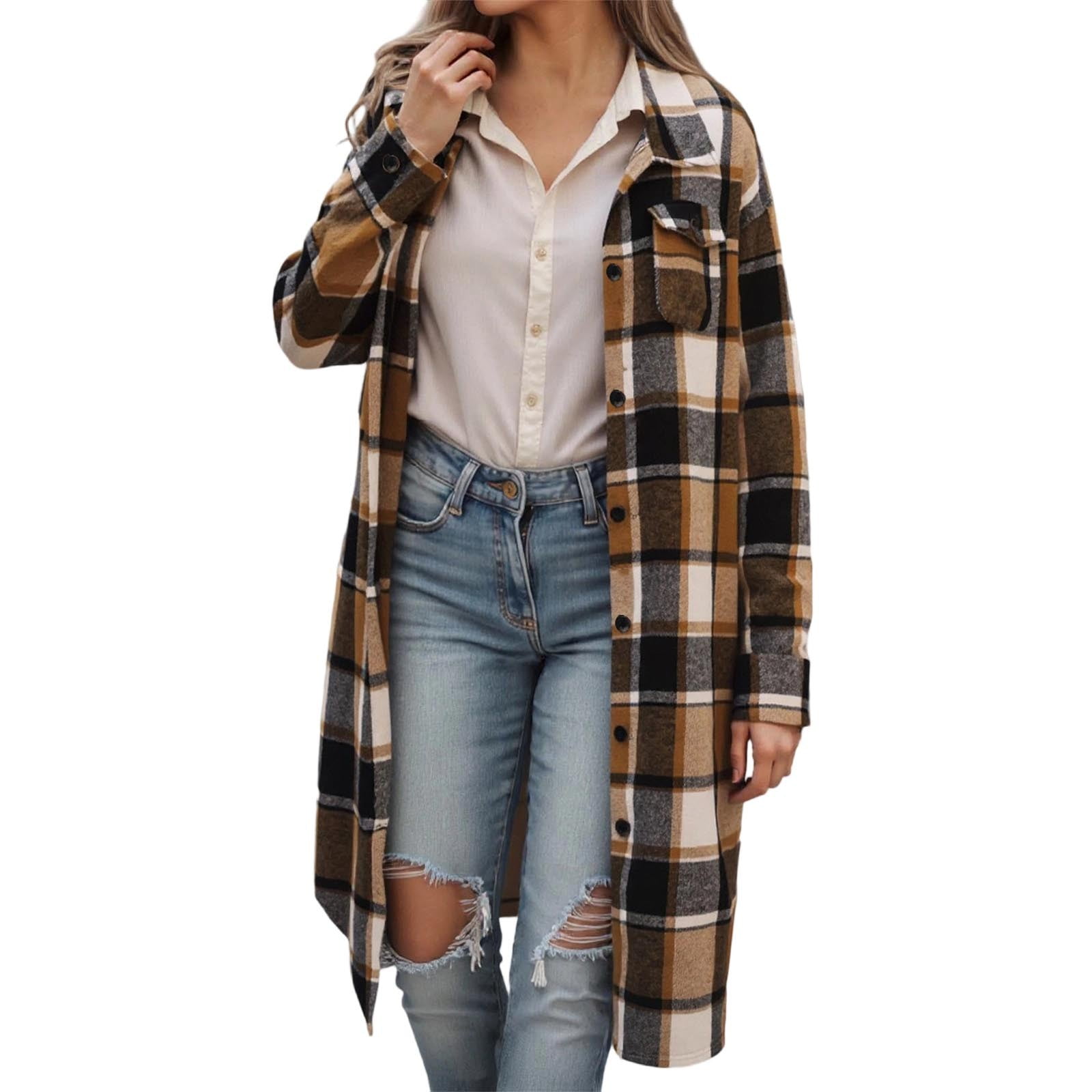 JHHLSF Women Plaid Shacket Jacket Long Flannel Shirt Lapel Button Down ...