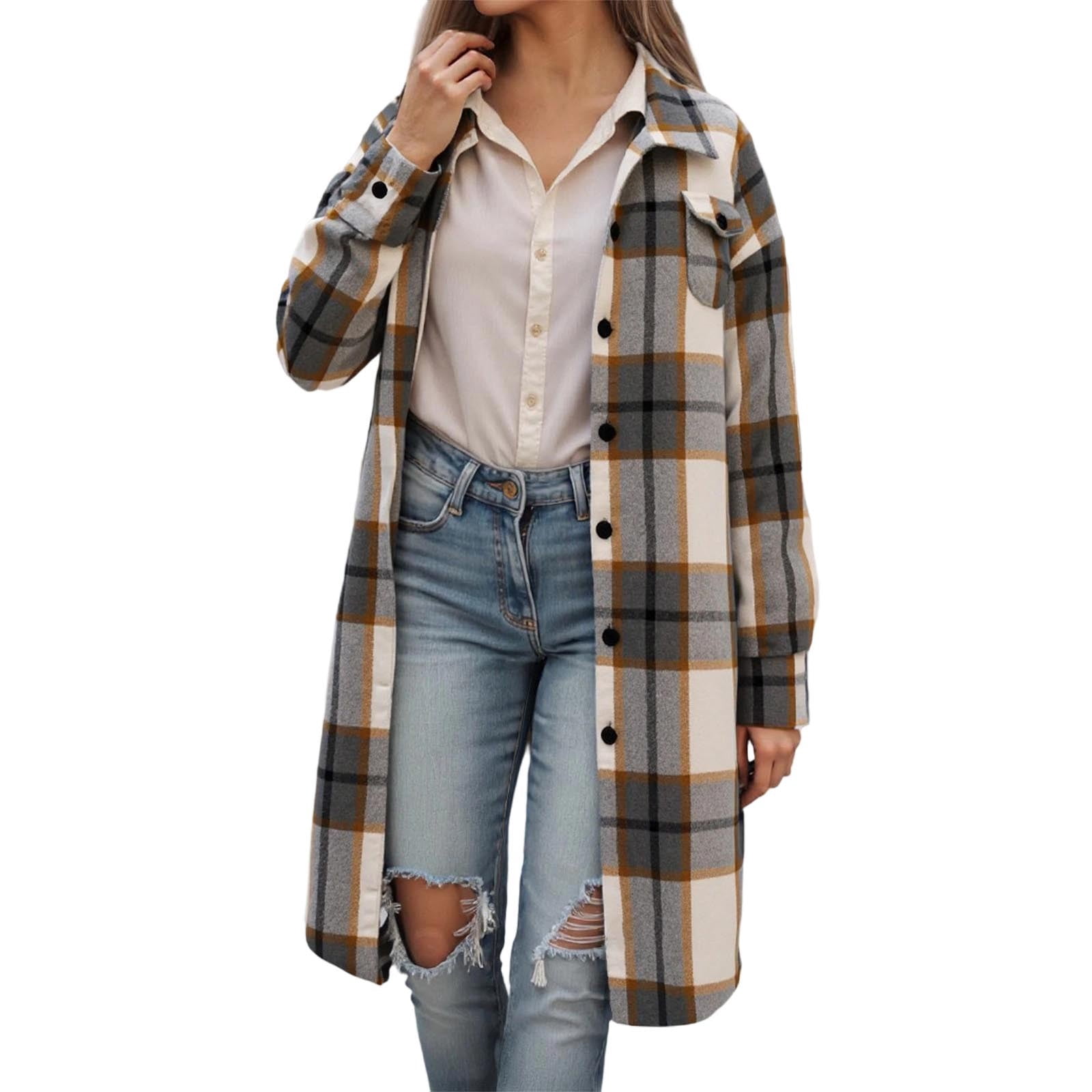 JHHLSF Women Plaid Shacket Jacket Long Flannel Shirt Lapel Button Down ...