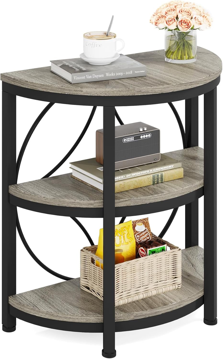 JHOUTR 1 Pack Half Round End Table, Half Circle Side Table with Shelves ...