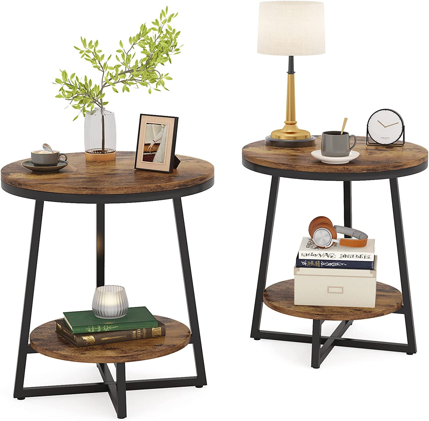 JHOUTR 2 Pack End Table, 2 Tier Round Side Table with Storage Shelf ...