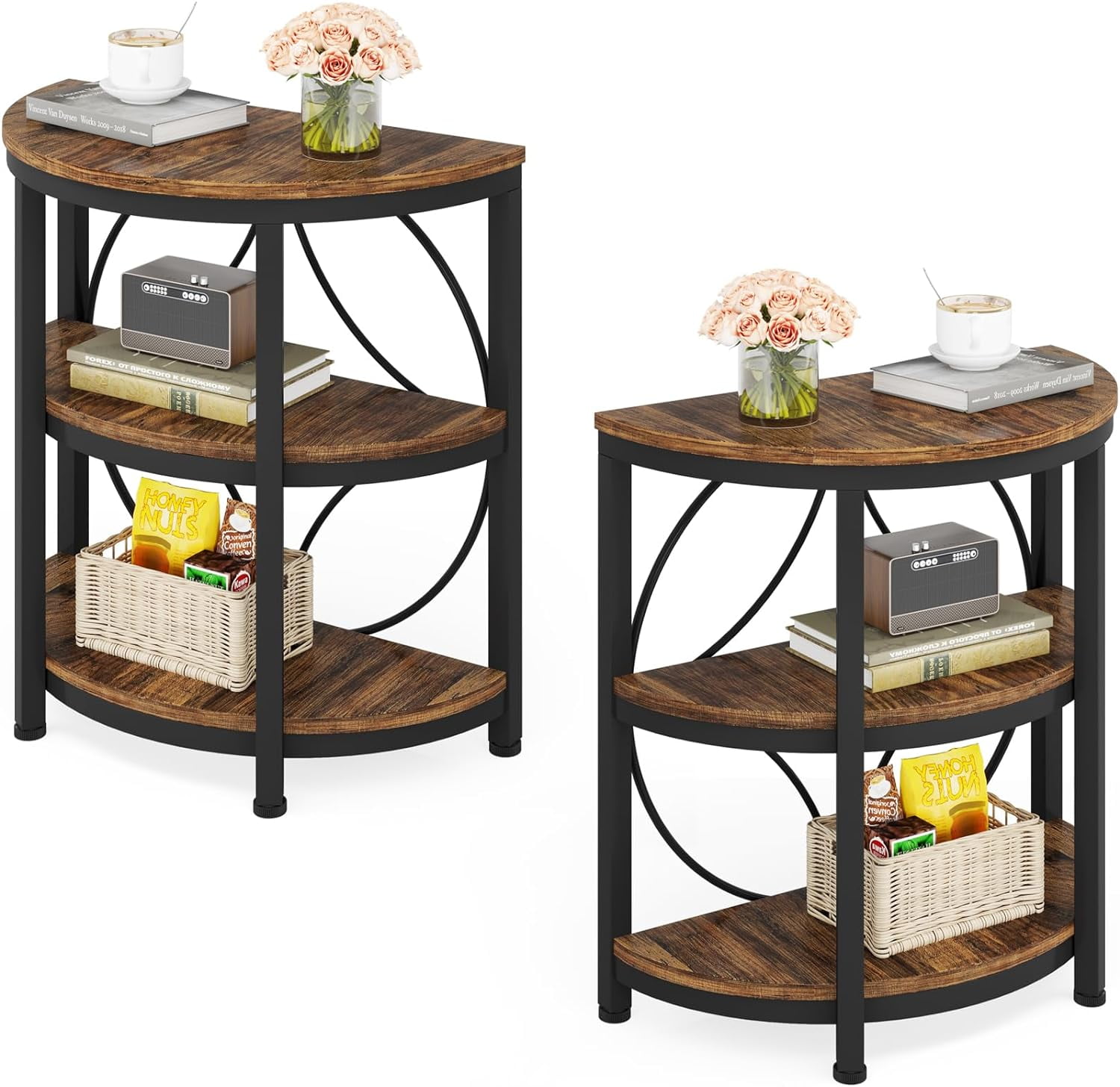 JHOUTR 2 Pack Half Round End Table, Half Circle Side Table with Shelves ...