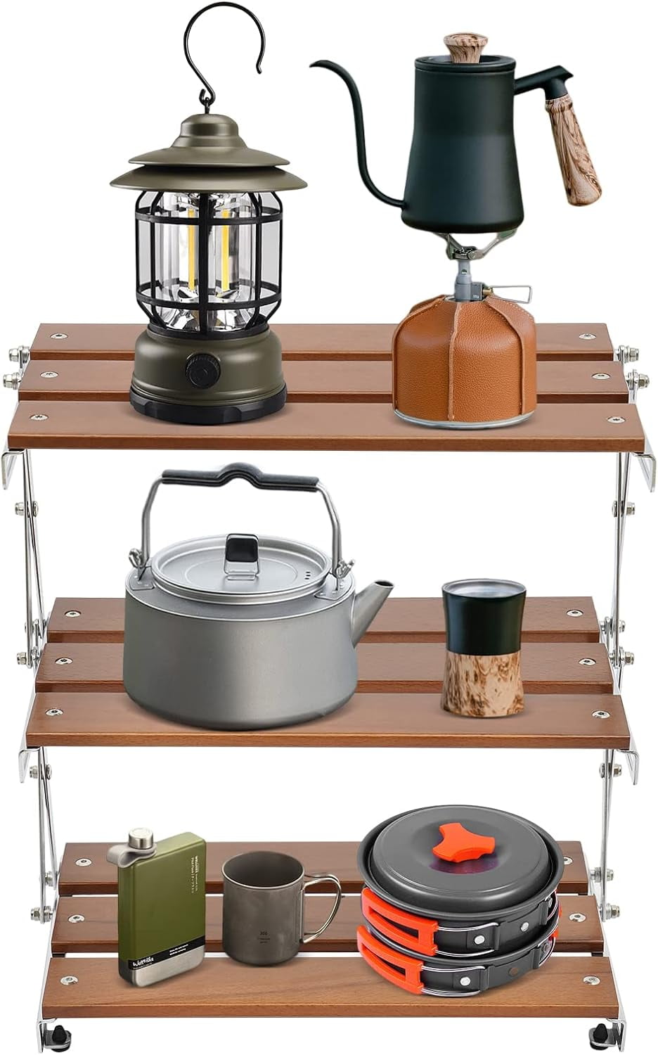 JHOUTR Camping Folding Storage Rack 3-Tier Natural Wood Desktop ...