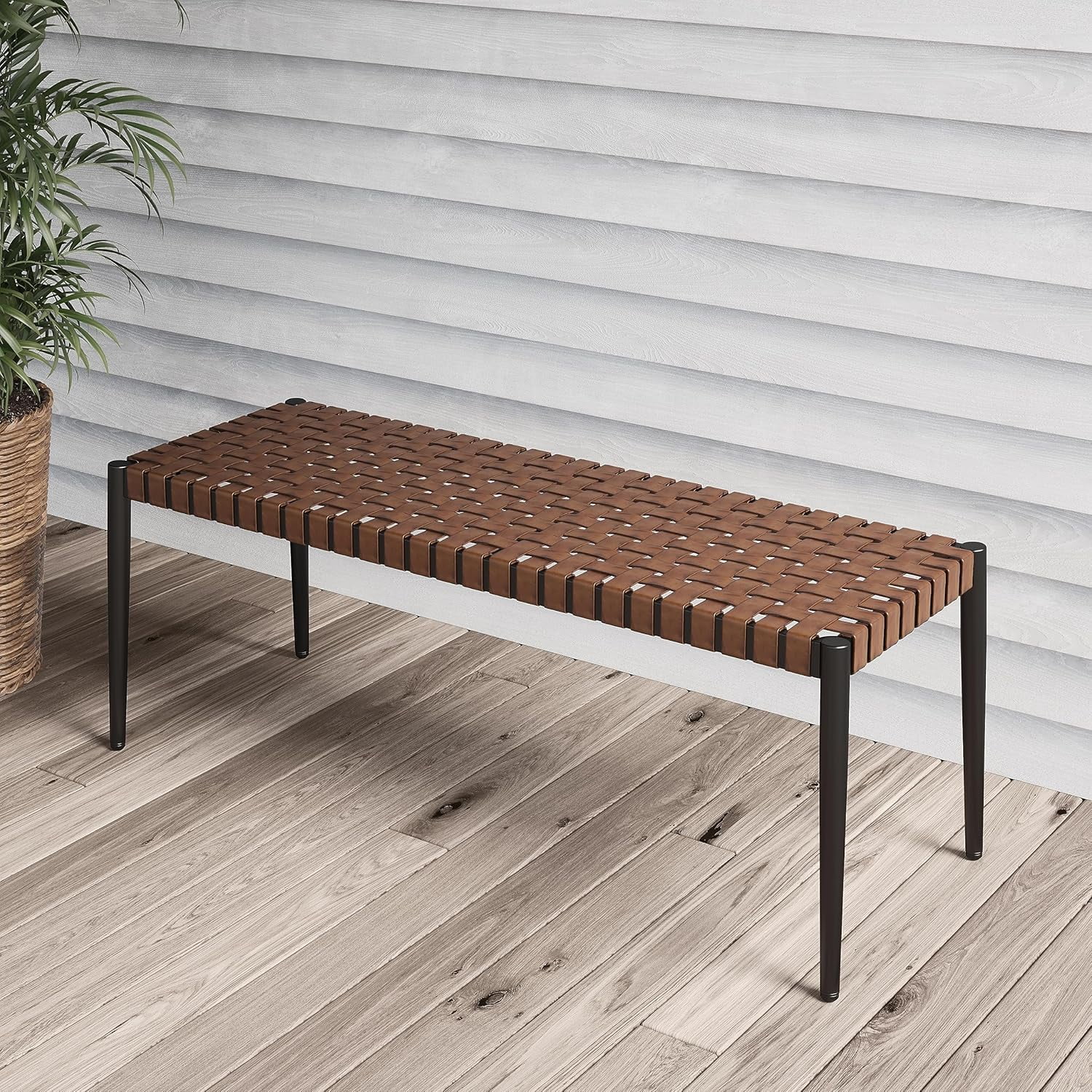 JHOUTR Grand patio Bench, 2-Seat Leather-Look Wicker Bench with Tapered ...