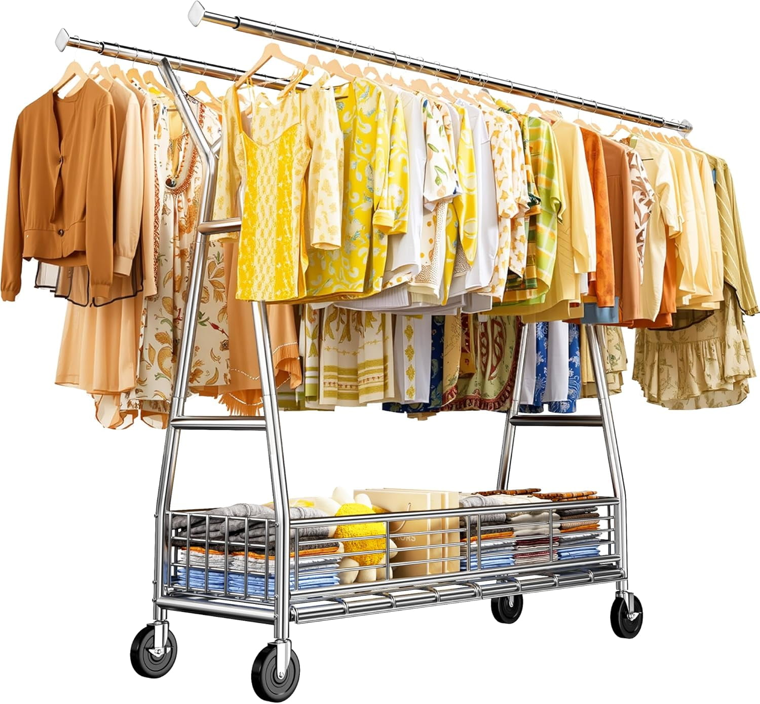 JHOUTR Heavy Duty Clothes Rack, 600LBS Clothing Rack with Sturdy Wheels ...