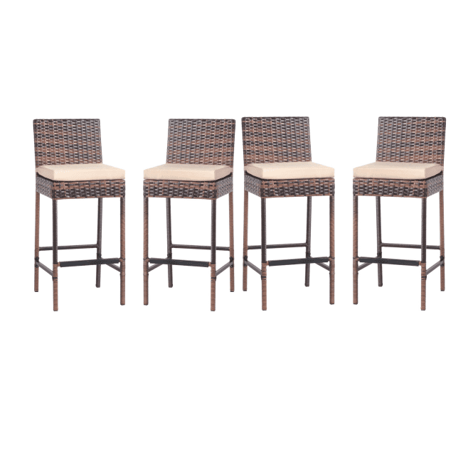 JHOUTR Outdoor Wicker Bar Stool Set of 4, Patio Bar Stools w/Cushion ...