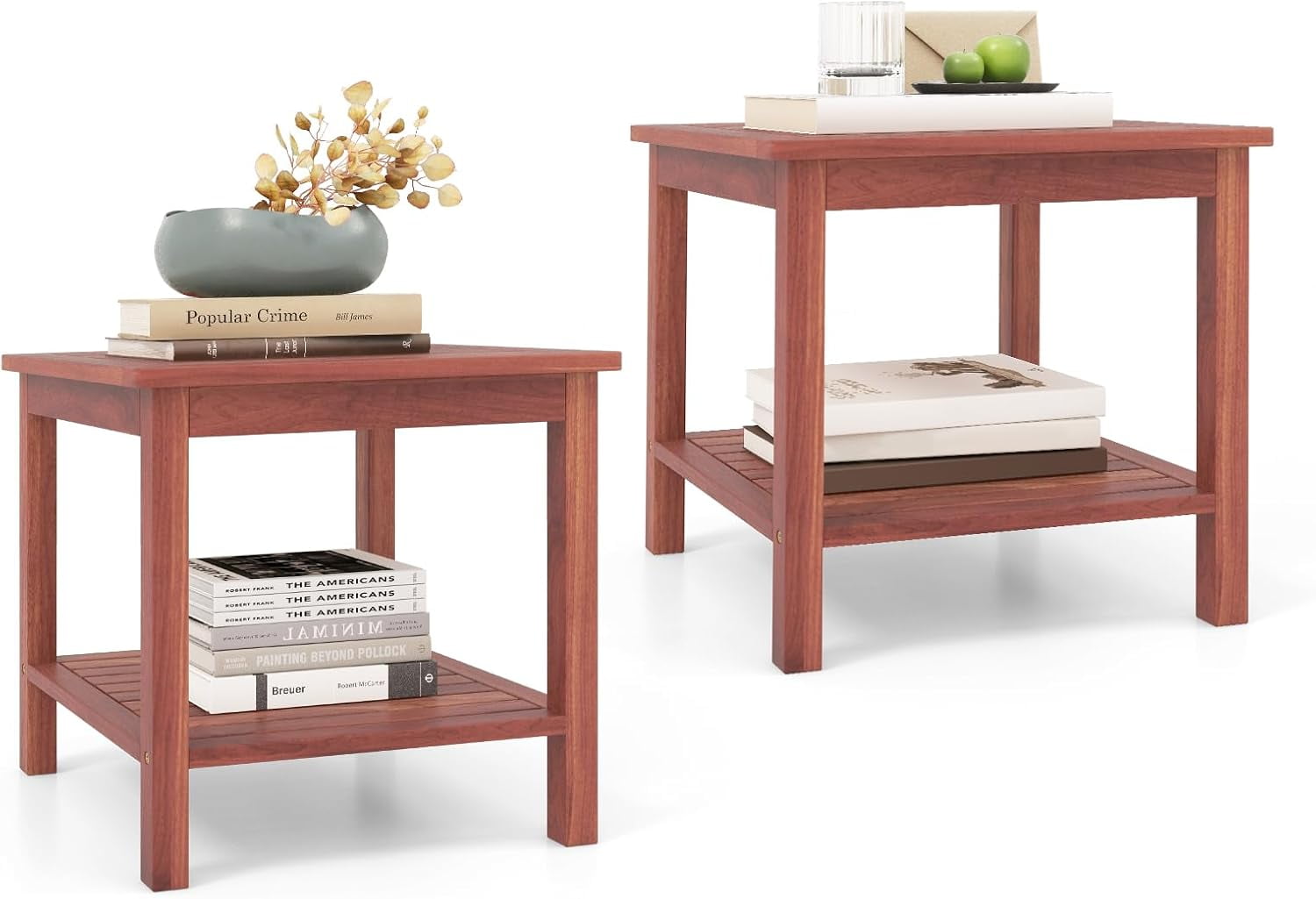 JHOUTR Patio Side Table, Double-Tier Acacia Wood End Table, Slatted ...