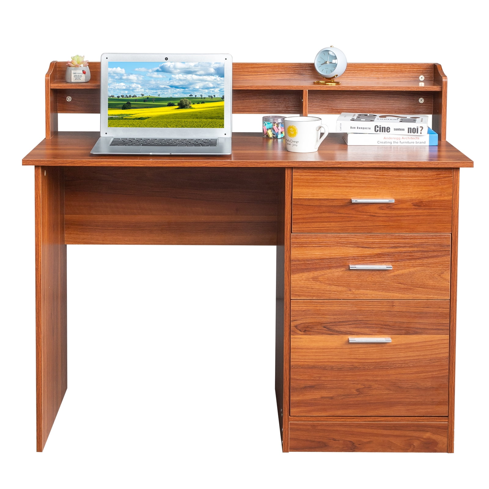 JHOUTR Walnut Computer Desk with Drawers Hutch, Modern Home Office ...