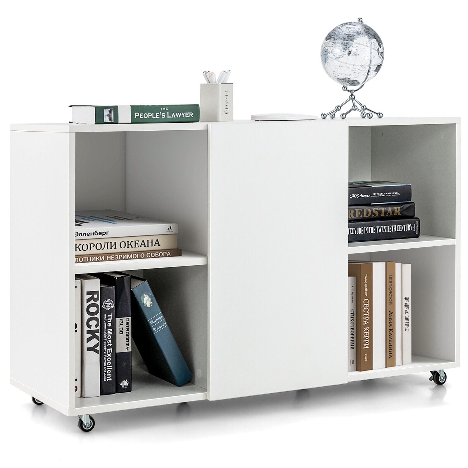 JHOUTR Wood Bookcase with Wheels, Mobile Storage Cabinet w/ 6 Cubes ...