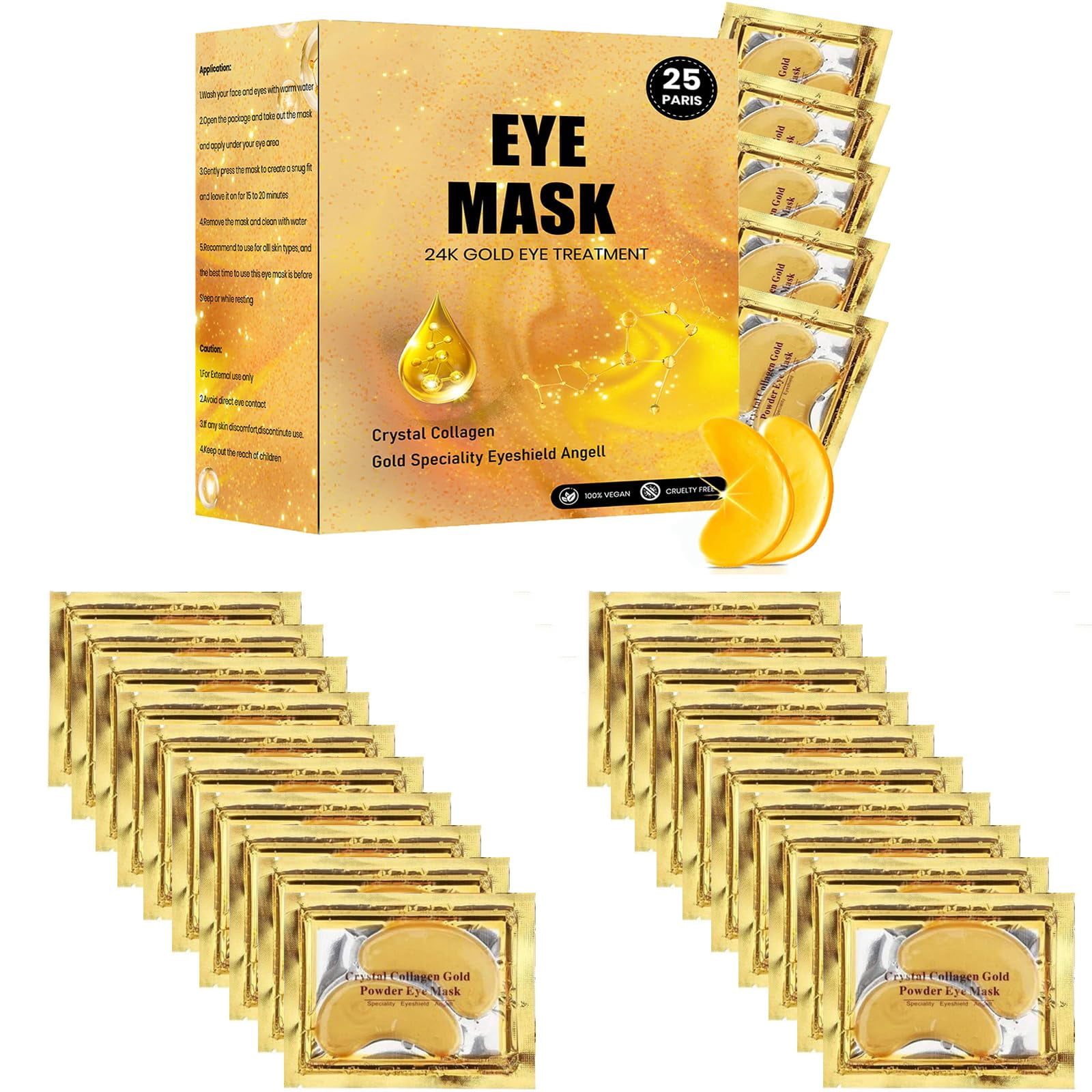 JHSLCHA 25 Pairs 24K Gold Eye Mask, Under Eye Patches for Dark Circles ...