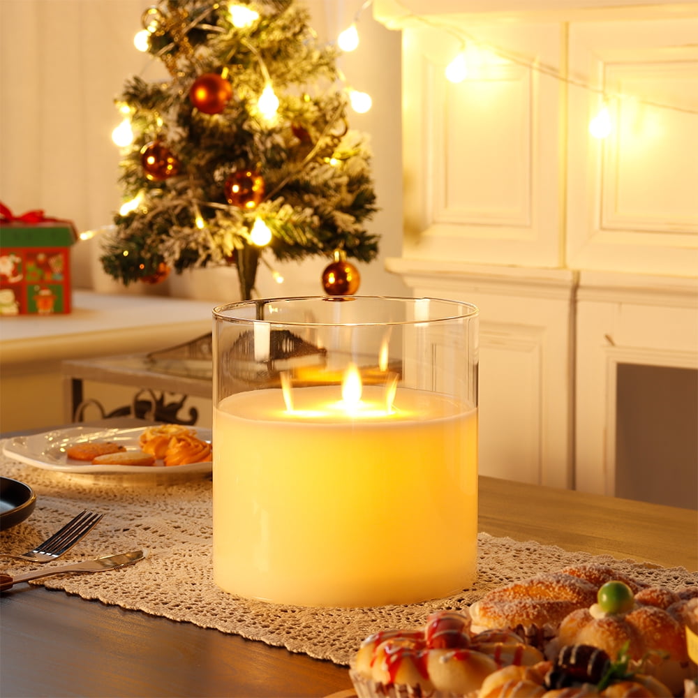 JHY DESIGN Large 3-Wick Glass Flameless Candles 6''High Battery ...