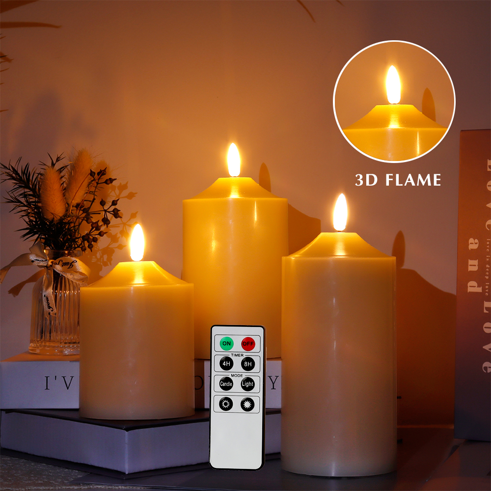 Round Melted Edge Remote Controlled Flameless Wax Pillar Candles - Set ...