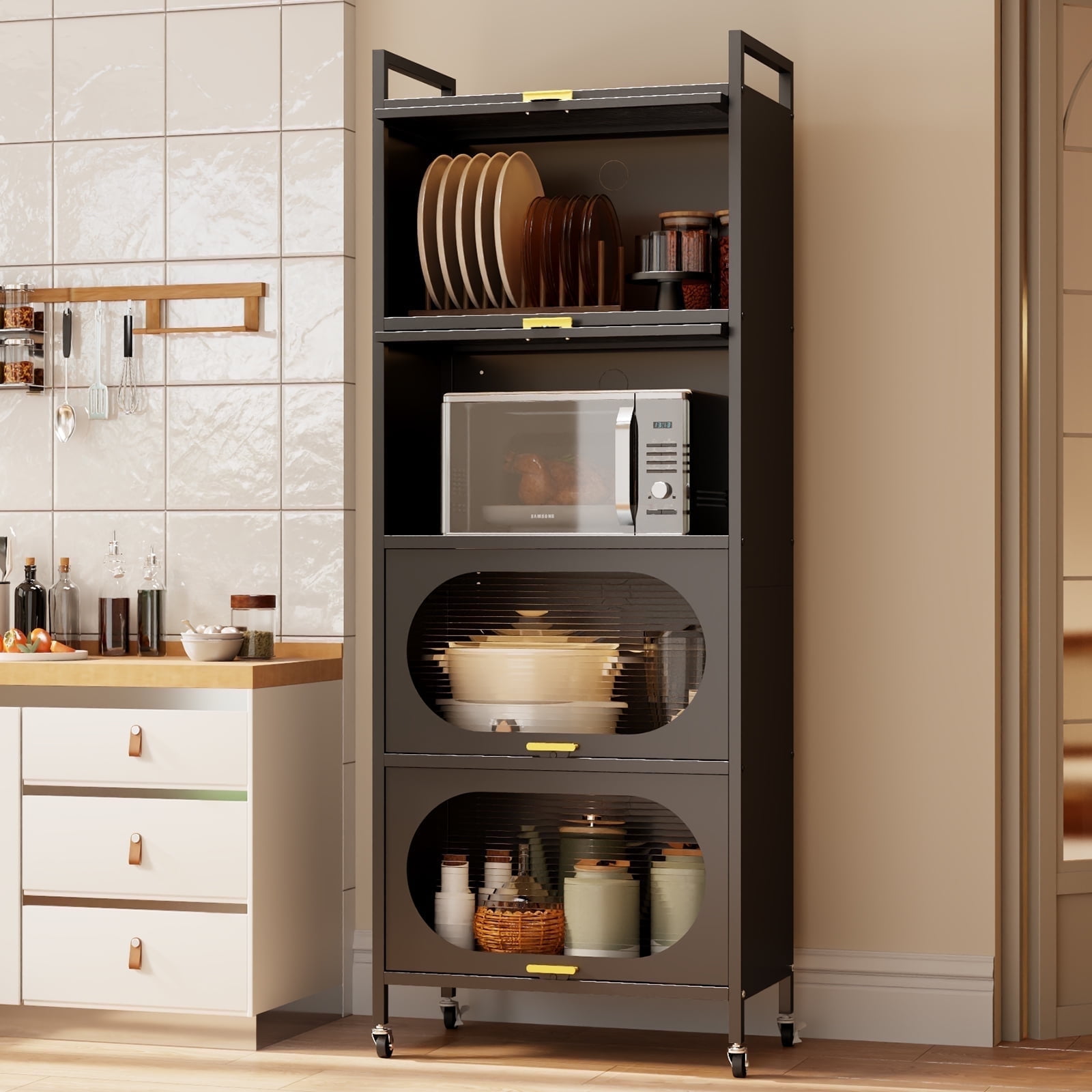 JHYKFG Kitchen Pantry Storage Cabinet,5 Tier Rolling Metal Rack with 4 ...