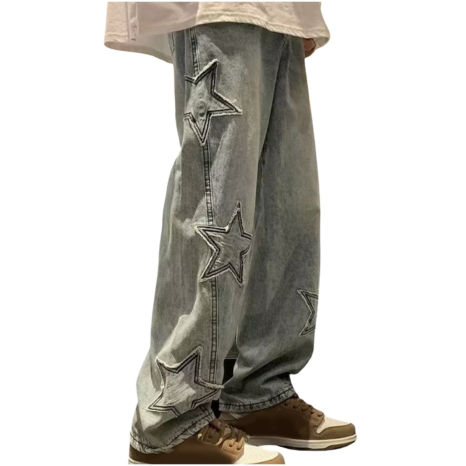 JIA JIA SHUANG Jeans for Men Vintage Star Patchwork Straight Leg Denim ...