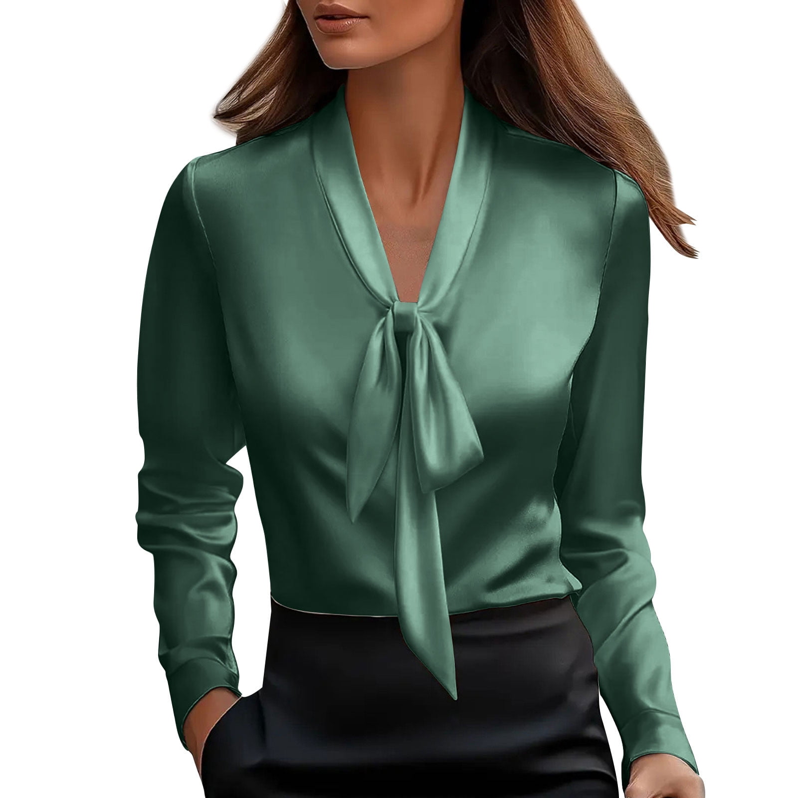 JIA JIA SHUANG Women's Silk Satin Tops V Neck Tie Front Long Sleeve ...