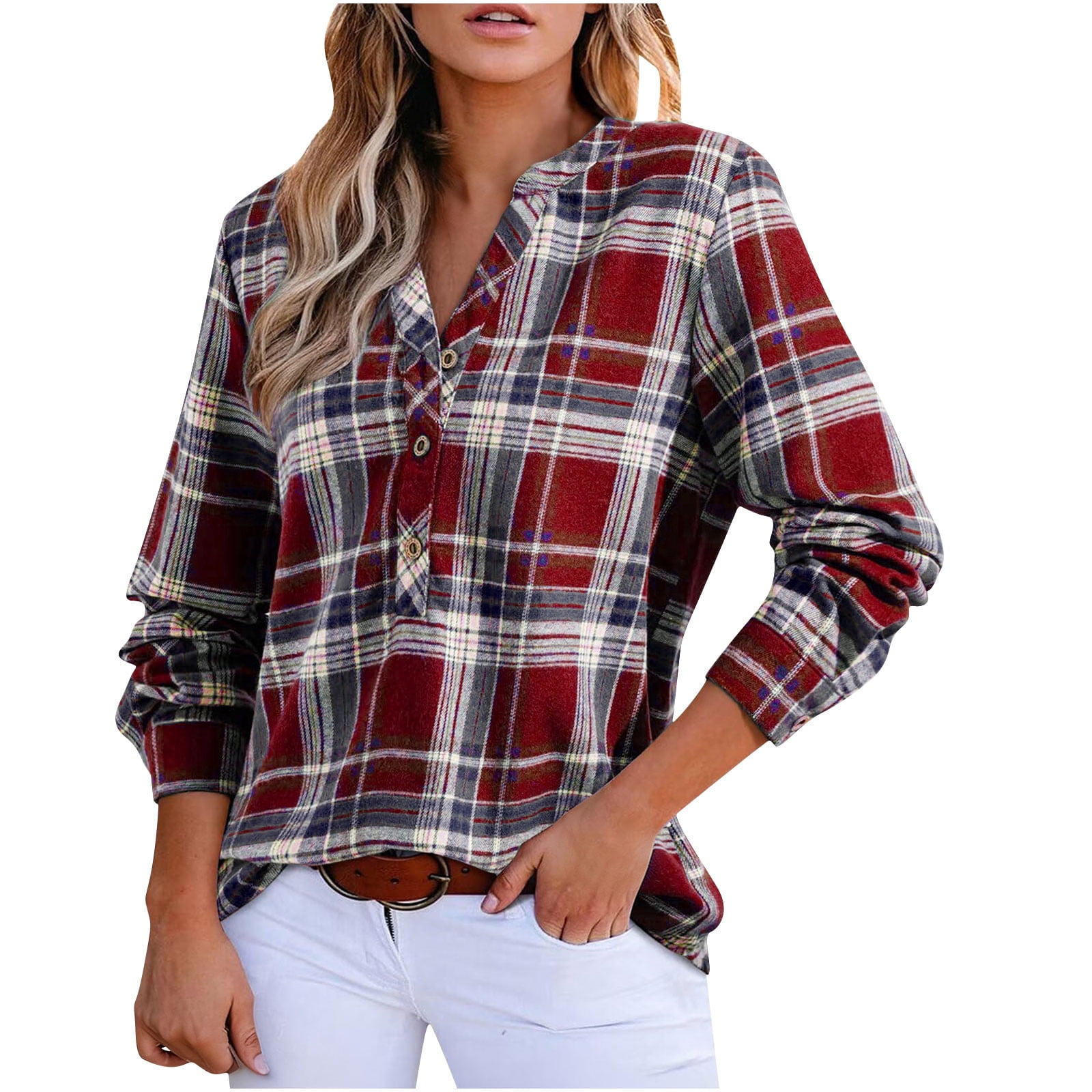 JIA JIA SHUANG Women's Tops Long Rolled Sleeve Plaid Henley Shirts ...