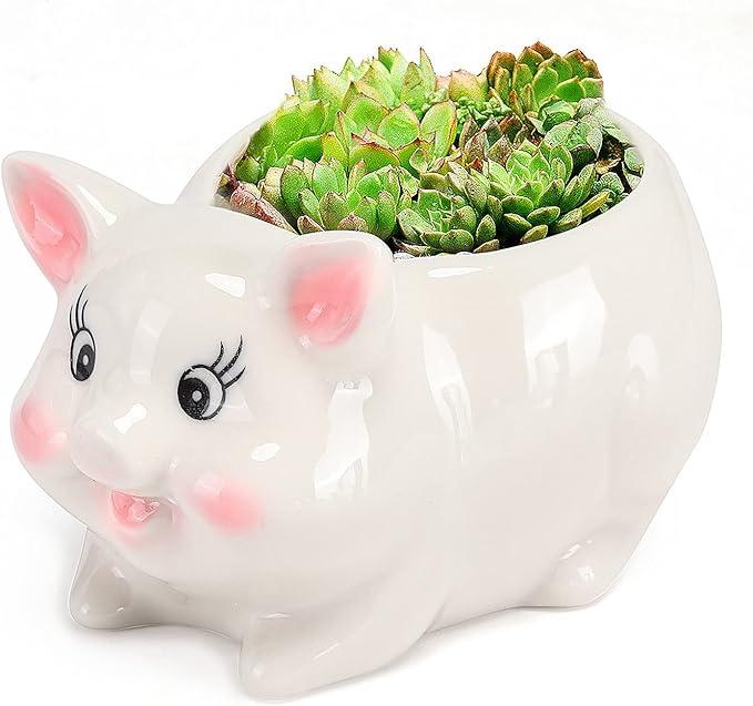 JIAEN Cute Planter Pig Pot for Plants 6 inch Glazed White Ceramic Pot ...