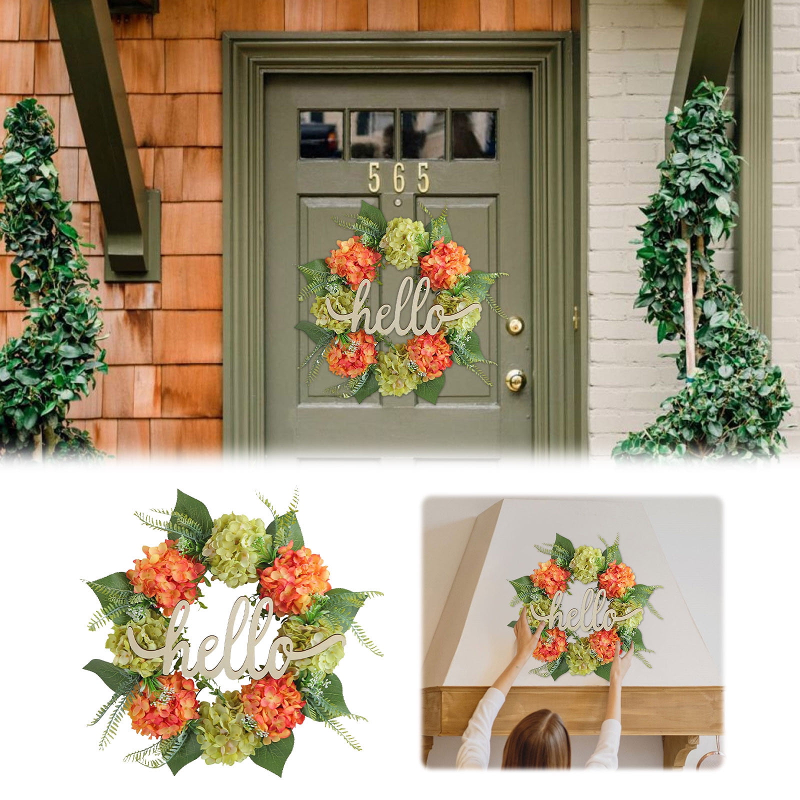JIAFENG Hello "wood" Garland Door Hanging Hydrangea Rattan Ring Window Decorations Large Front ...