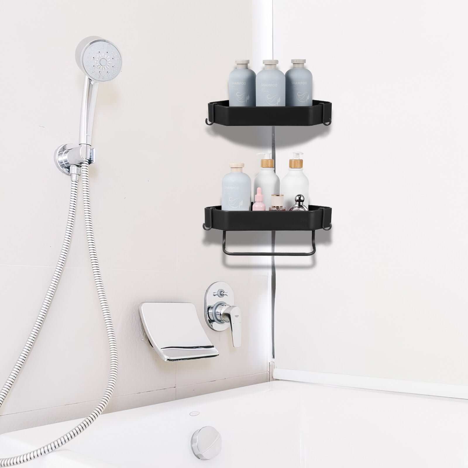 JIAHUI 3 Tiers Corner Shower Bathroom Shelf with Hooks, Aluminium Alloy ...