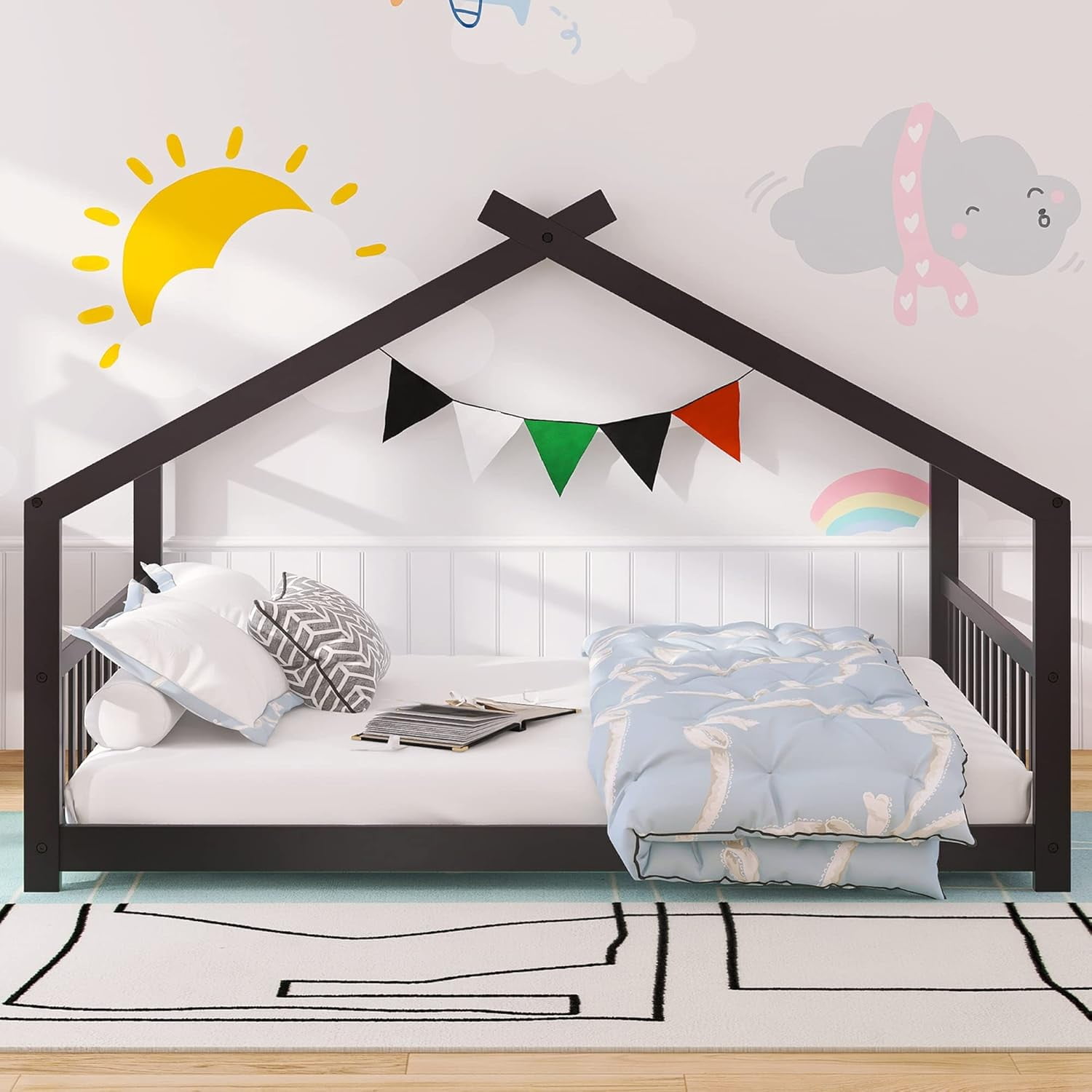 JIAJIA Full House Bed, Wood Bed for Girls Boys, No Box Spring Needed ...