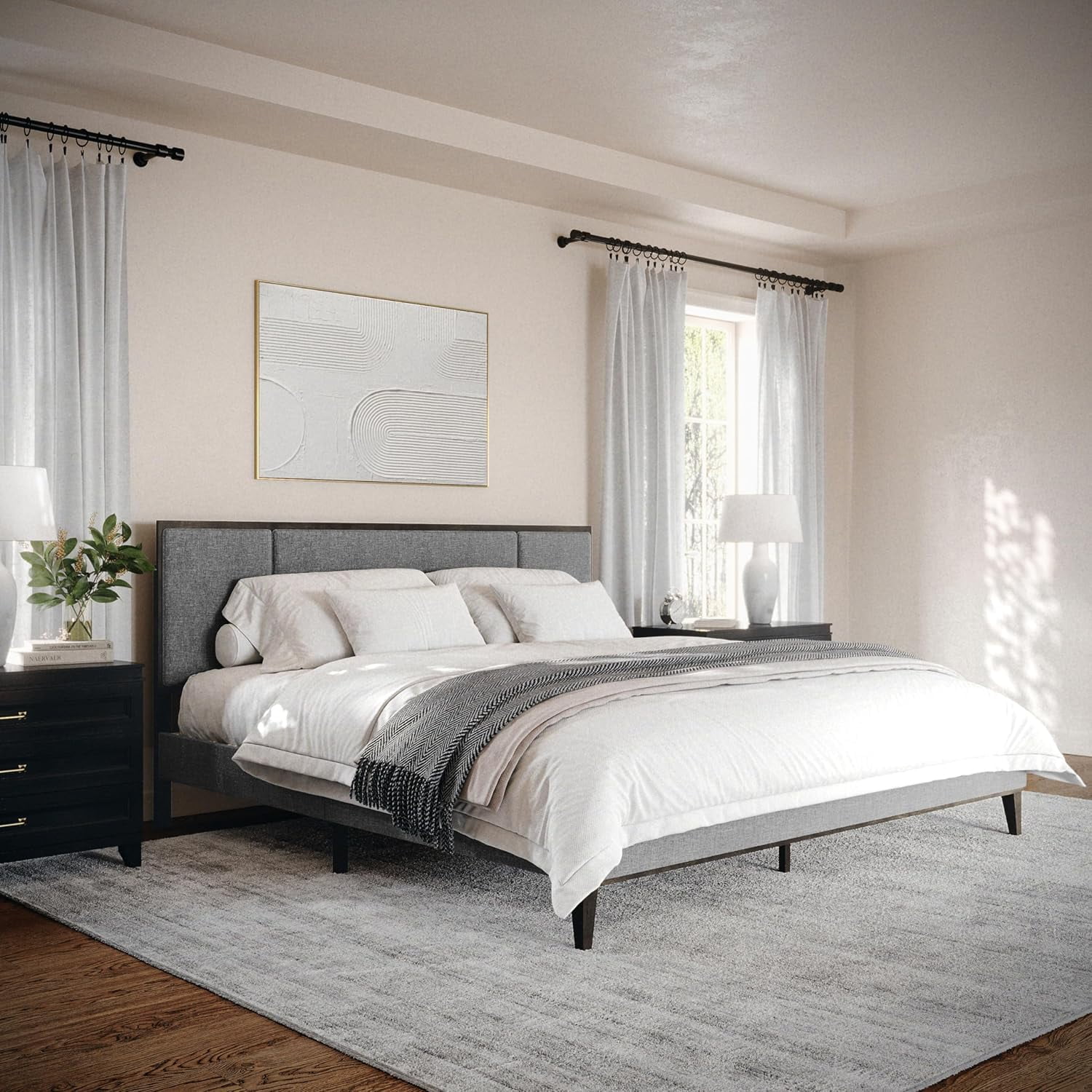 JIAJIA Jett Platform Bed with Headboard, Fabric Upholstered Inset ...