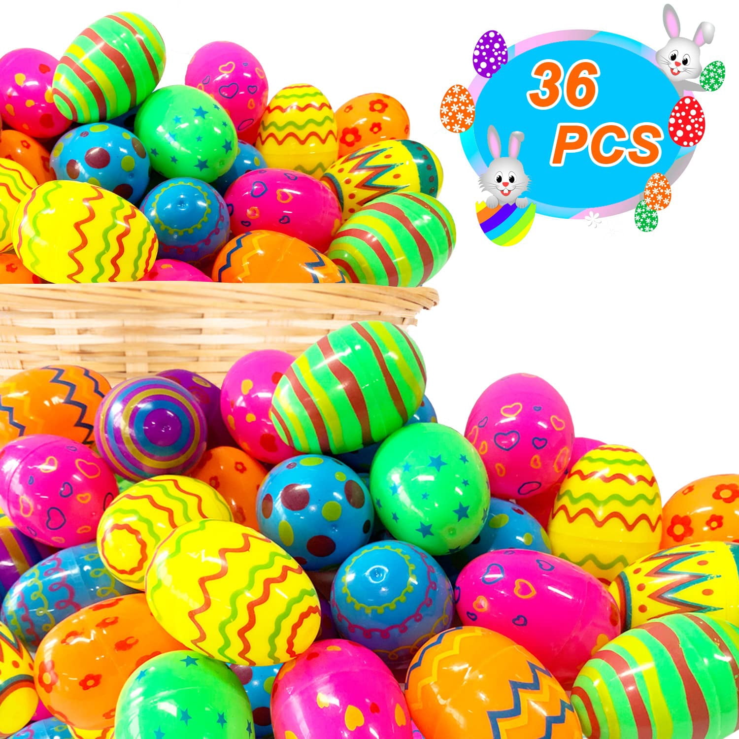 JIALWEN Plastic Printed Fillable Eggs 36 PCS Bright Colorful for Easter ...