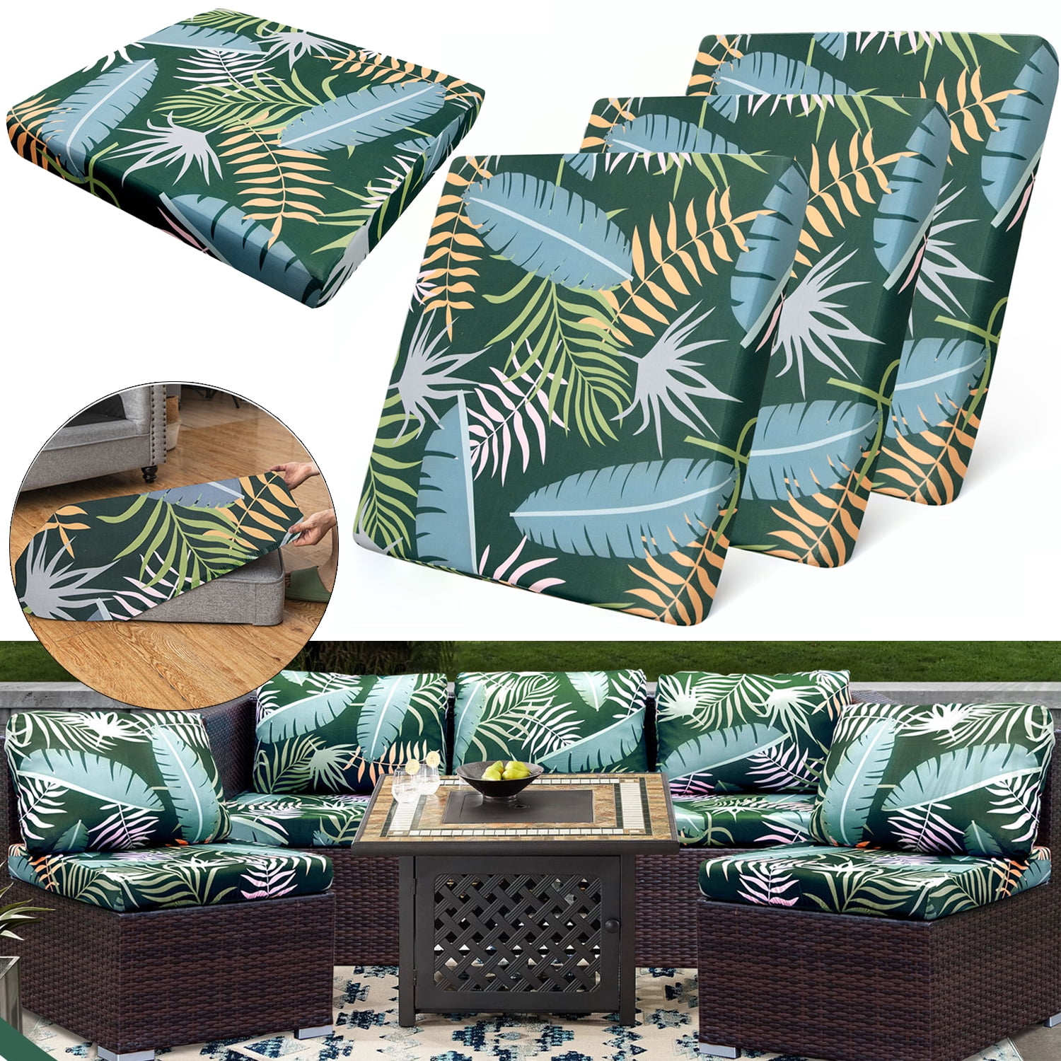 JIAN YA NA Patio Cushion Covers Replacement, 4 Piece Stretch Cushion ...