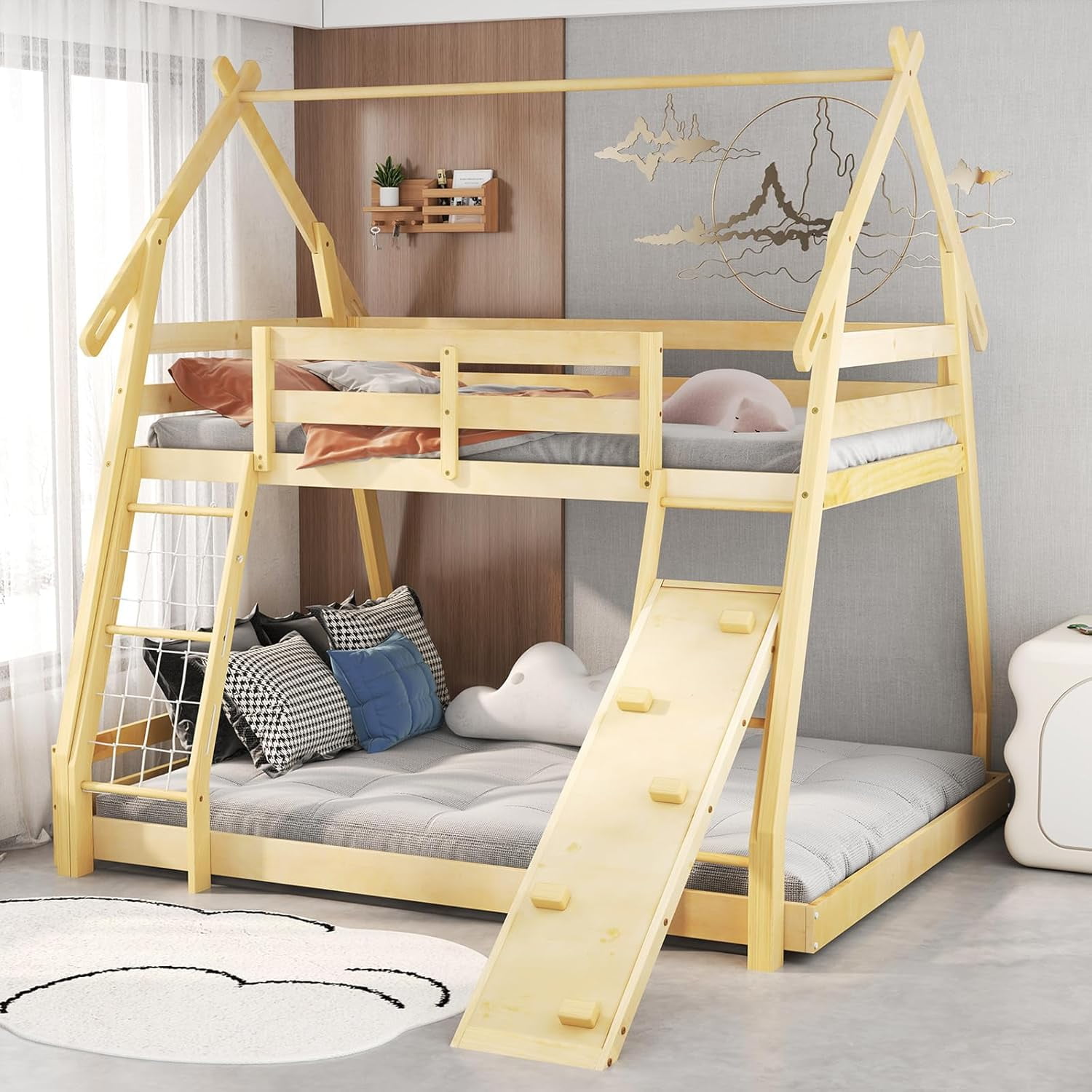 JIANBIAO Twin Over Queen Bunk Bed, House Bunk Beds with Climbing Nets ...