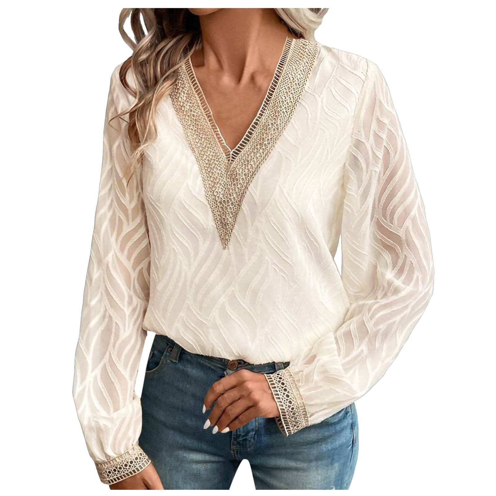 JIANJIA Blouses For Women Dressy Casual Color Block Patchwork Lace V ...