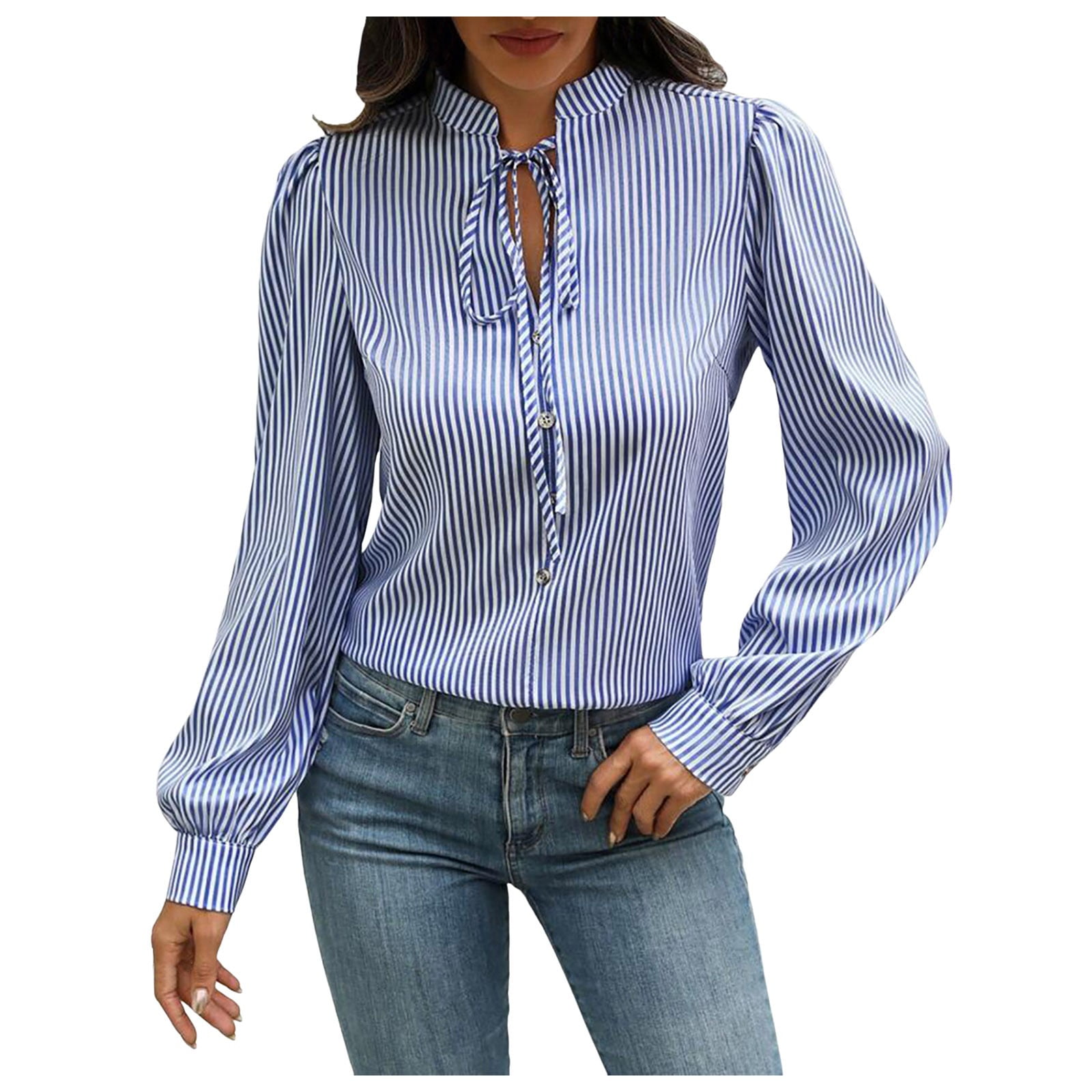 JIANJIA Blouses For Women Dressy Casual Striped Print Stank V Neck Drawstring Lace Up Long ...