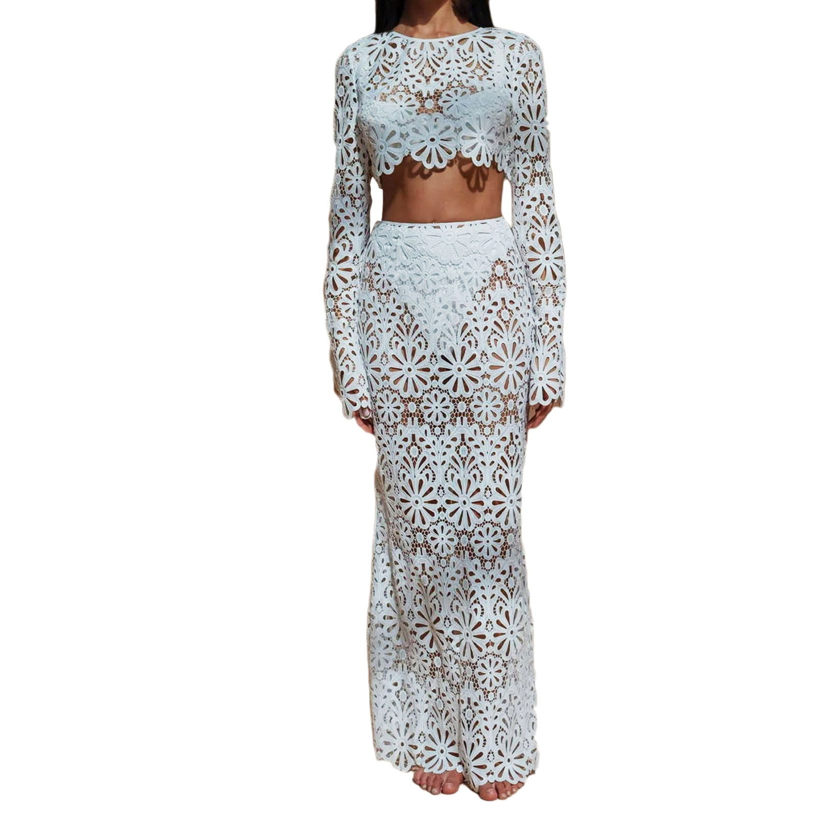 JIANJIA Womens Two Piece Sets Floral Lace Crew Neck Long Sleeve Hollow ...