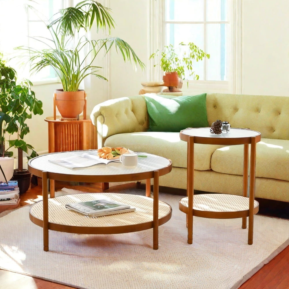 JIAOBAI 2-Piece Modern Farmhouse Living Room Coffee Table Set, Rattan ...