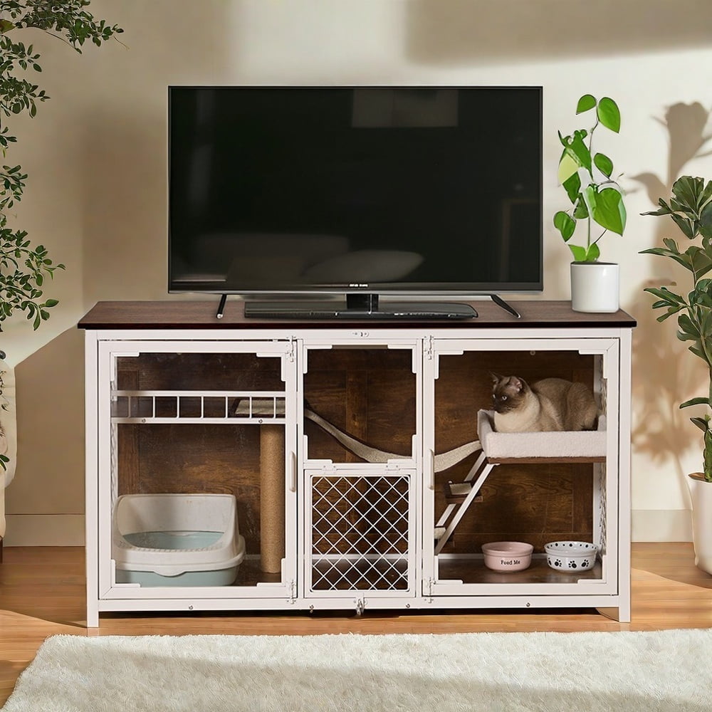 JIAOBAI Cat Litter Box Enclosure, Wooden TV Stand End Table with LED ...