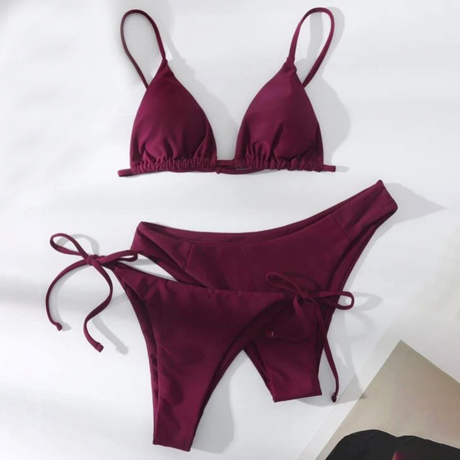 Jiasen Women Bikini Set Solid Color Sexy Triangle Three Piece Swimsuit