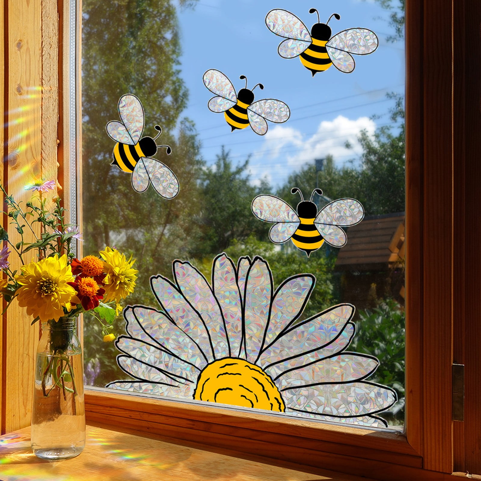 JIASONJY 20 Inch Sunflower Bee Window Clings for Glass Windows Spring ...