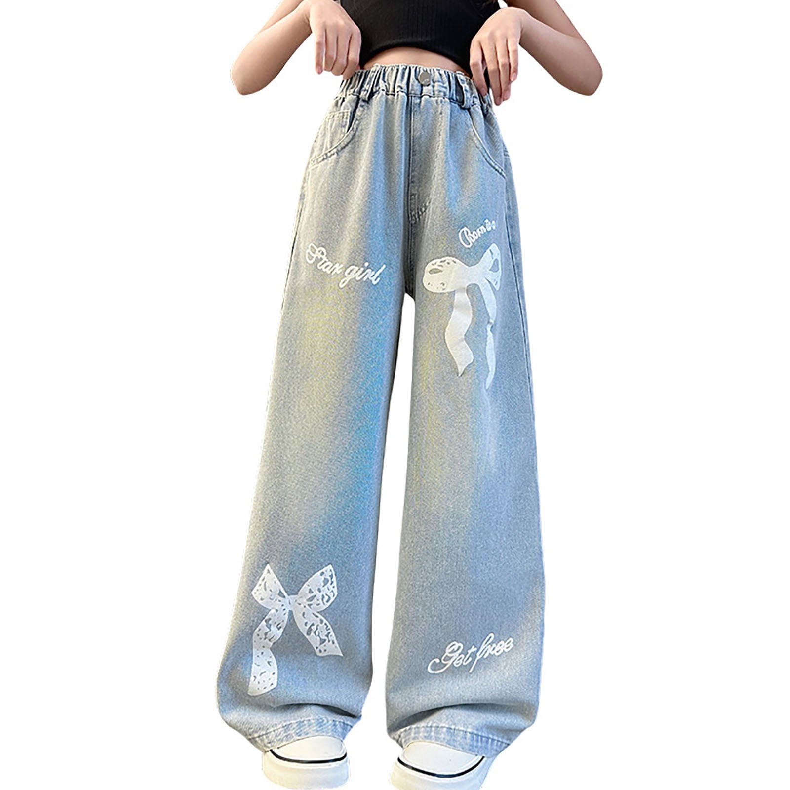 JIAYUE Baggy Jeans Girls Wide Leg Elastic Waist Multiple Pockets Cargo ...