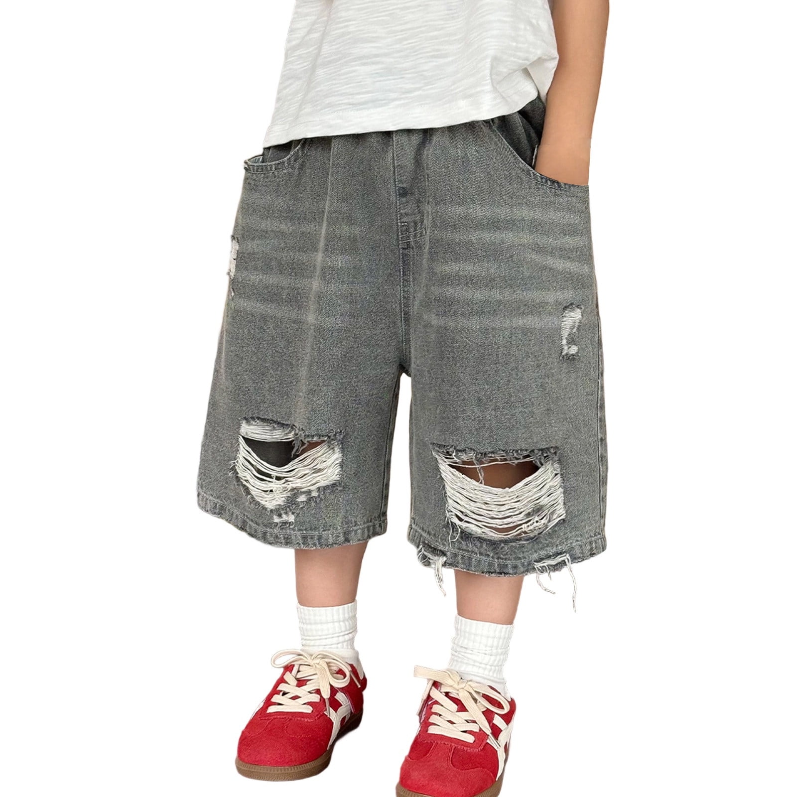 JIAYUE Boys Distressed Denim Shorts Big Kids Summer Casual Loose Fit Kid Jeans Pants With Ripped ...