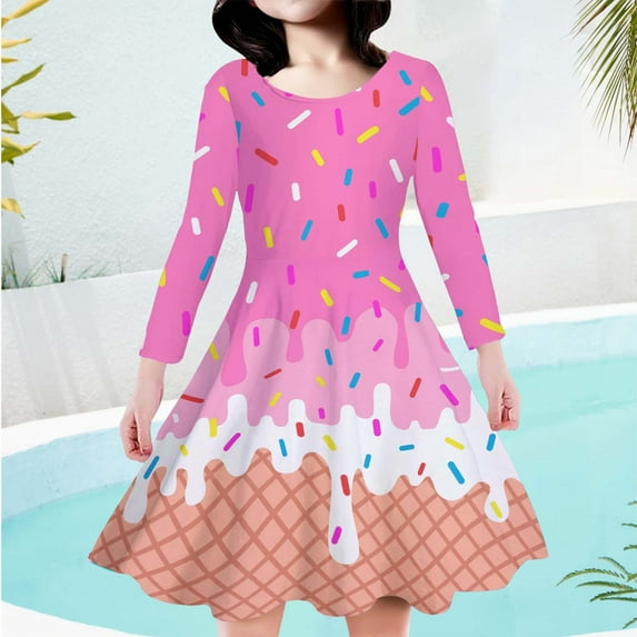 JIAYUE Child Girls Spring Summer Dresses Cartoon Print Long Sleeve Crew ...