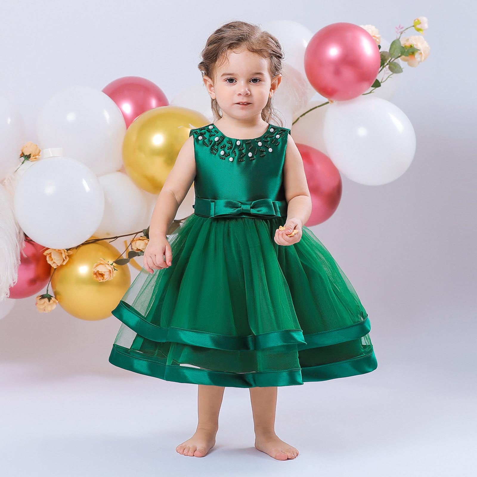 JIAYUE Children Girls Dresses Solid Color Ball Gown Crew Neck ...