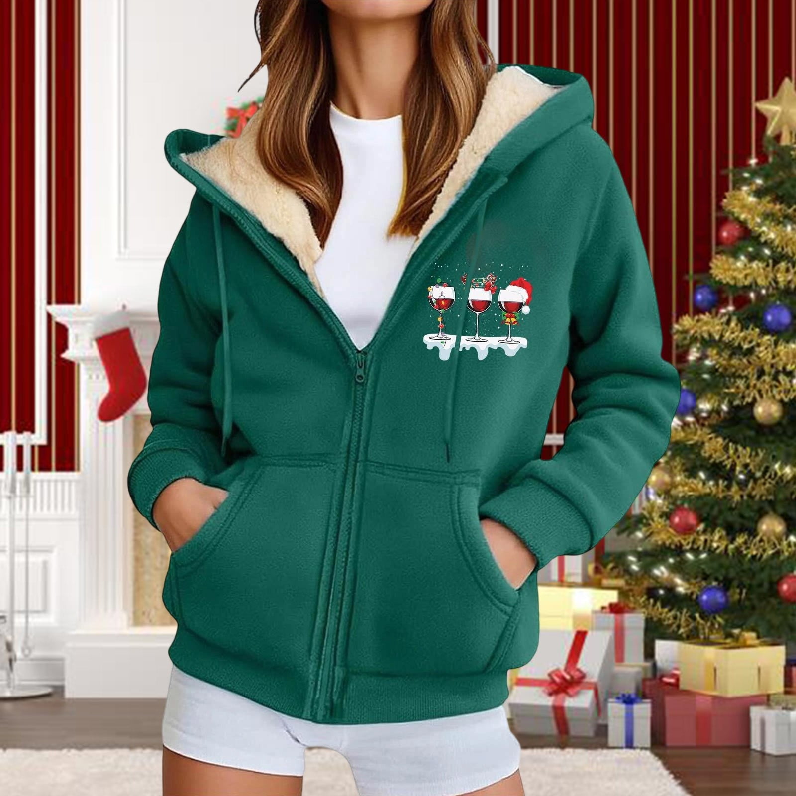 JIAYUE Christmas Womens Outerwear Jacket Cartoon Print Long Sleeve Relaxed Fit Zipper Snug ...