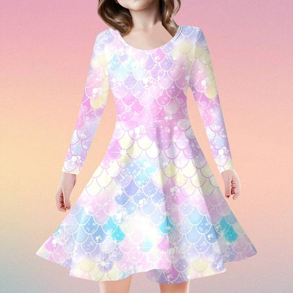 JIAYUE Girls Carnival Dresses Fish Scale Print Long Sleeve Crew Neck ...