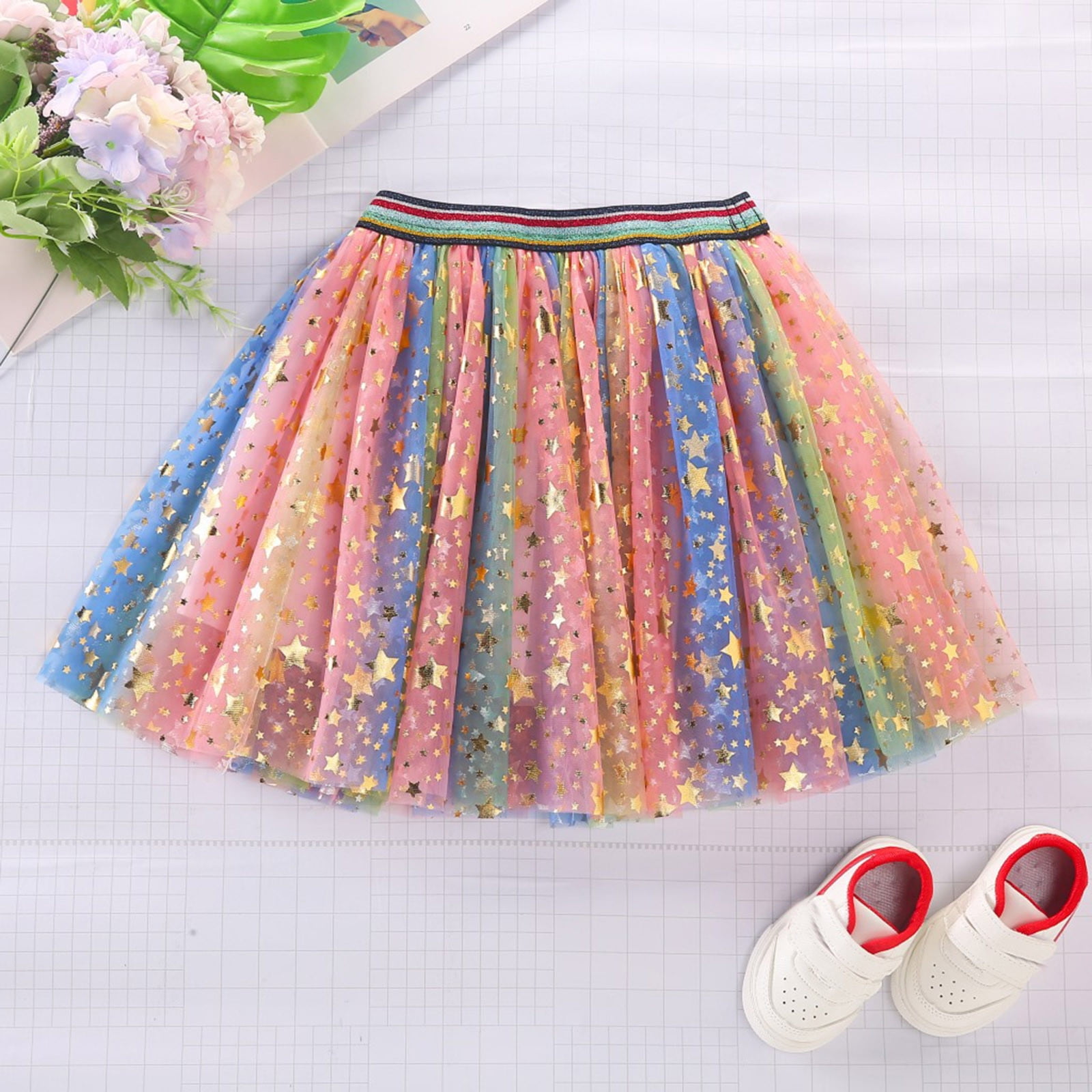 JIAYUE Girls Carnival Skirts Rainbow Stars Tutu Mid-Length Ballet Dance ...