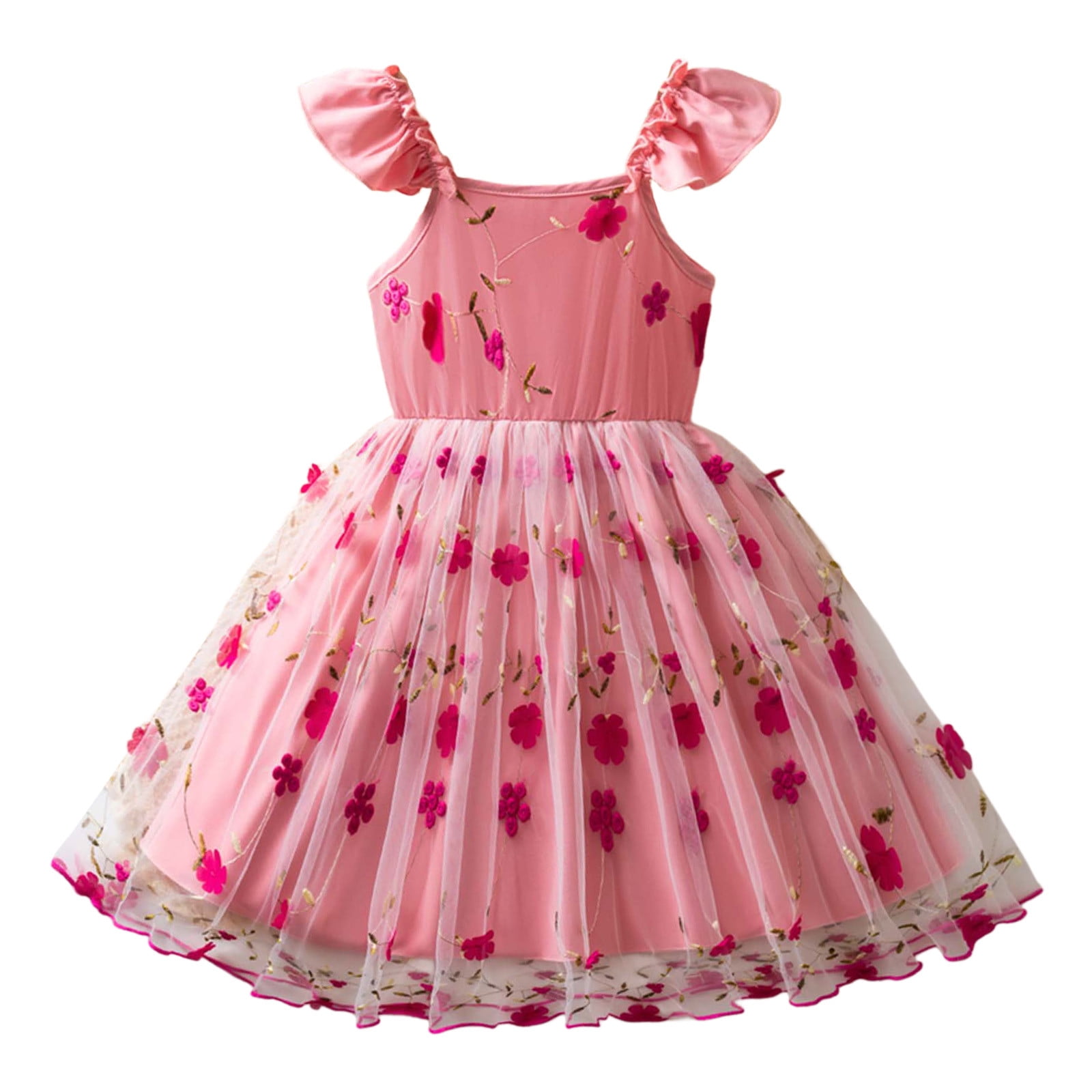 JIAYUE Girls Dresses Floral Embroidered Mesh Party Dress With Flutter Sleeves Straps Big Kids ...