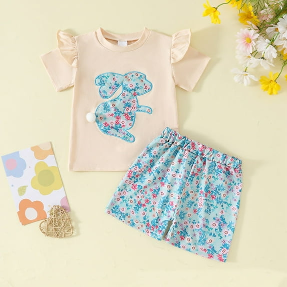 JIAYUE Girls Kids Easter Outfit Sets Floral Cartoon Print Short Sleeve ...
