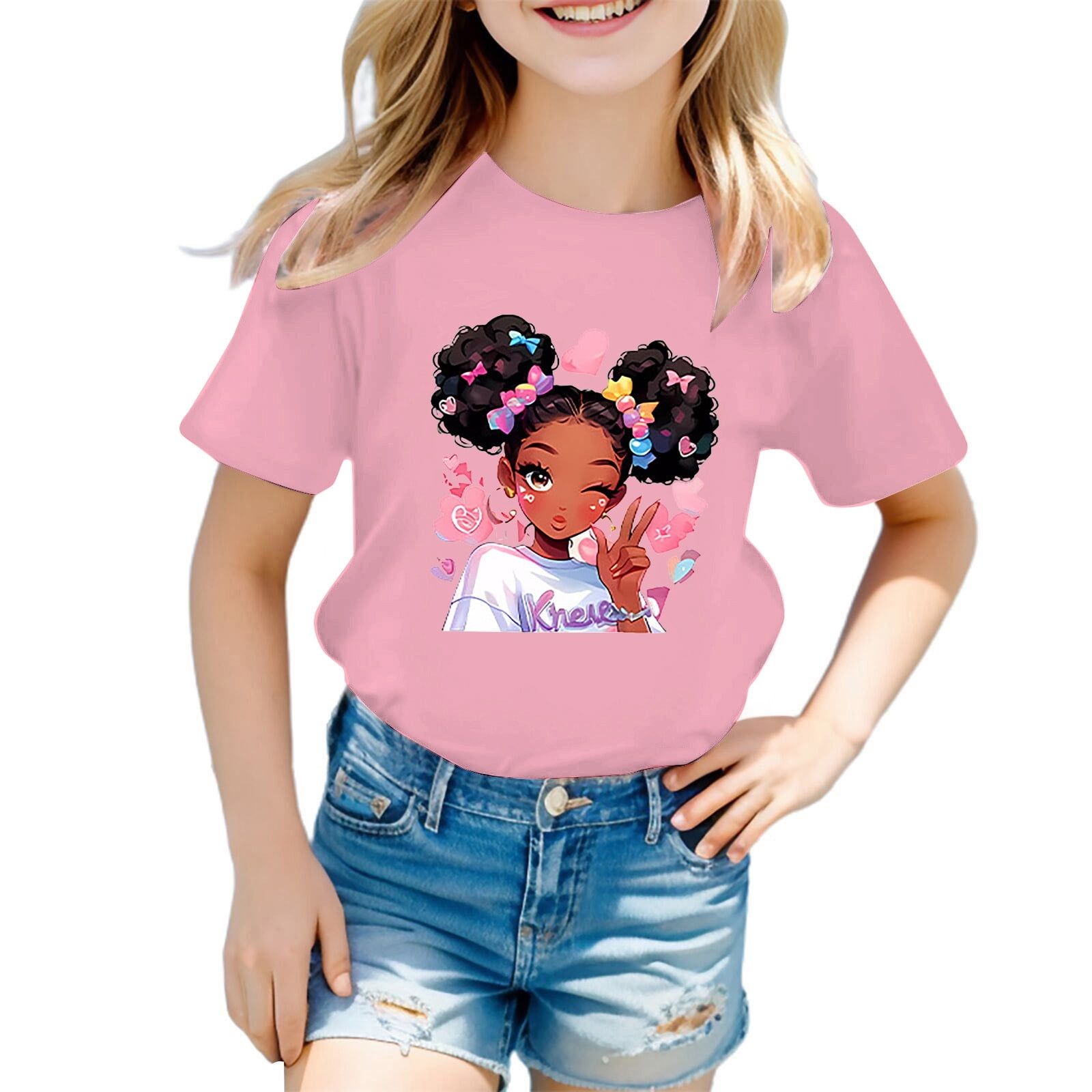 JIAYUE Girls Shirts Kid Cute Cartoon Graphic Breathable Round Neck ...